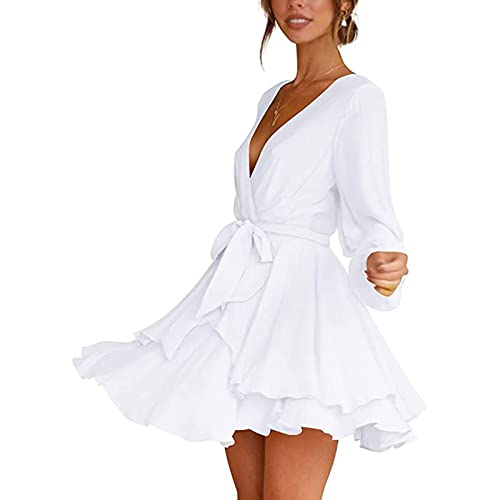 Pinkpaopao Women Deep V-Neck Flowy Dress Self Belt Long Sleeve Layered Swing Dress Solid Color Mini Dress