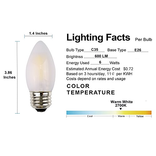 OPALRAY C35 LED Candelabra Bulb, 6W Dimmable, E26 Standard Base, 600LM 60W Incandescent Equivalent, 2700K Soft Warm White Light, Frosted Glass Housing, Torpedo Tip, 3-Pack