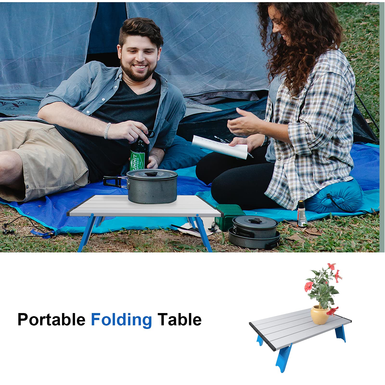 PORLAE Beach Table for Sand Foldable,Small Portable Camping Table ,Collapsible Compact Aluminum Tables with Carry Bag(Sliver-Blue)
