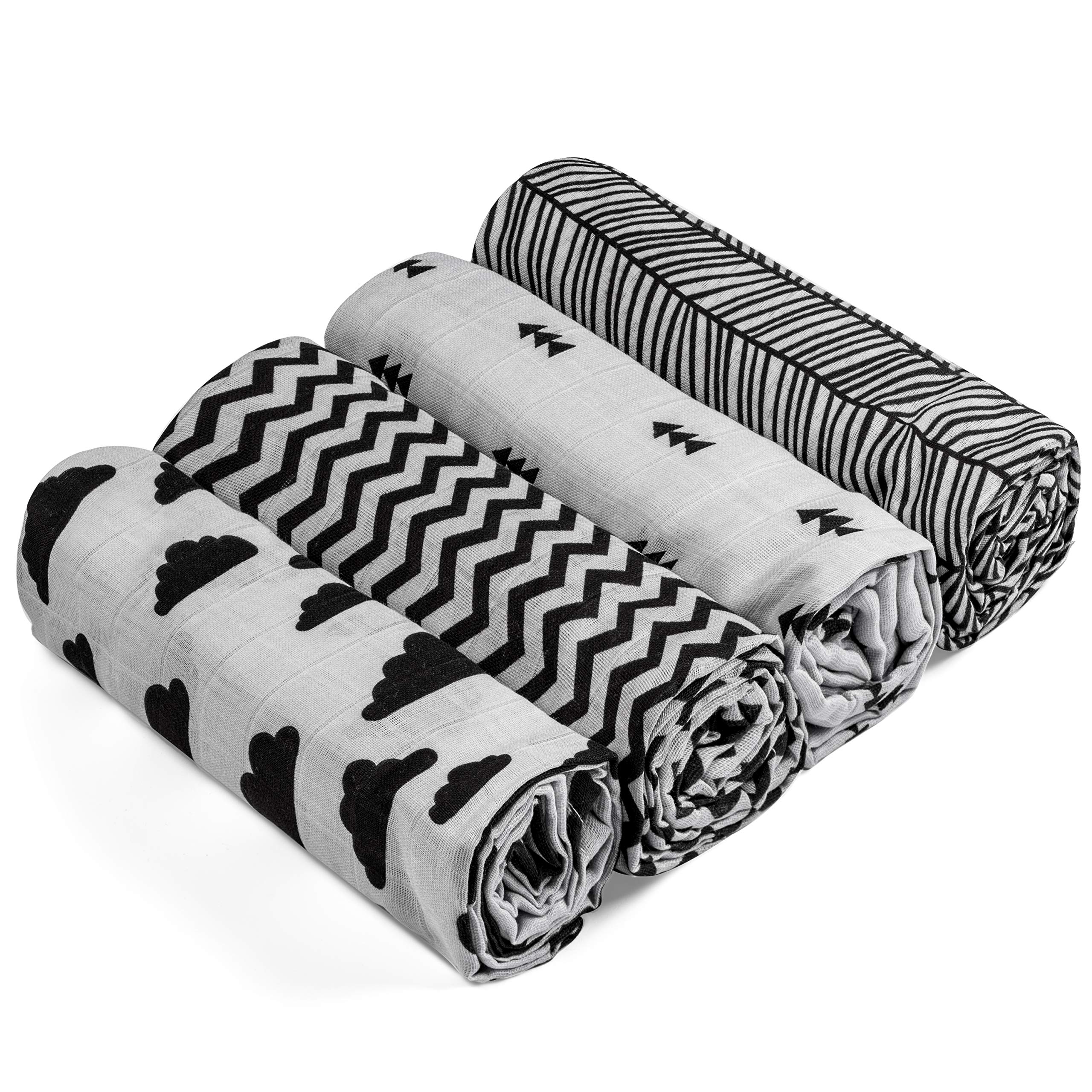 Muslin Swaddle Blankets – Soft Pure Cotton Muslin Blankets – 4 Pack of Breathable Swaddle Blankets – Unisex Baby Swaddle Blanket in Grey Black Designs – Multi Use Muslin Blankets – 47 x 47 inches