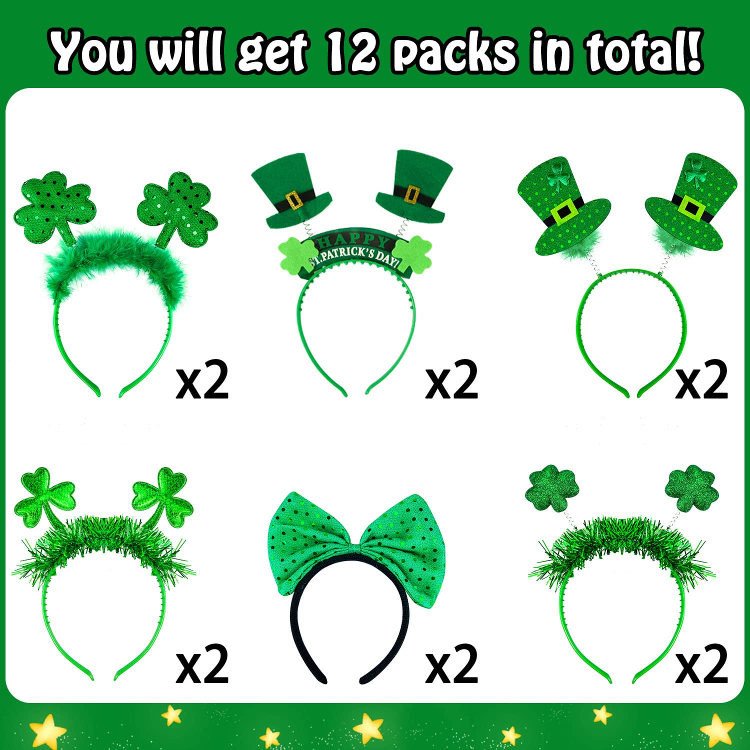PARTYWIND 12 PCS St Patrick’s Day Headband, Glitter Saint Patricks Day Accessories Headbands for Women Kids with Shamrock/Hat/Bow, Irish Costume for Party Supplies