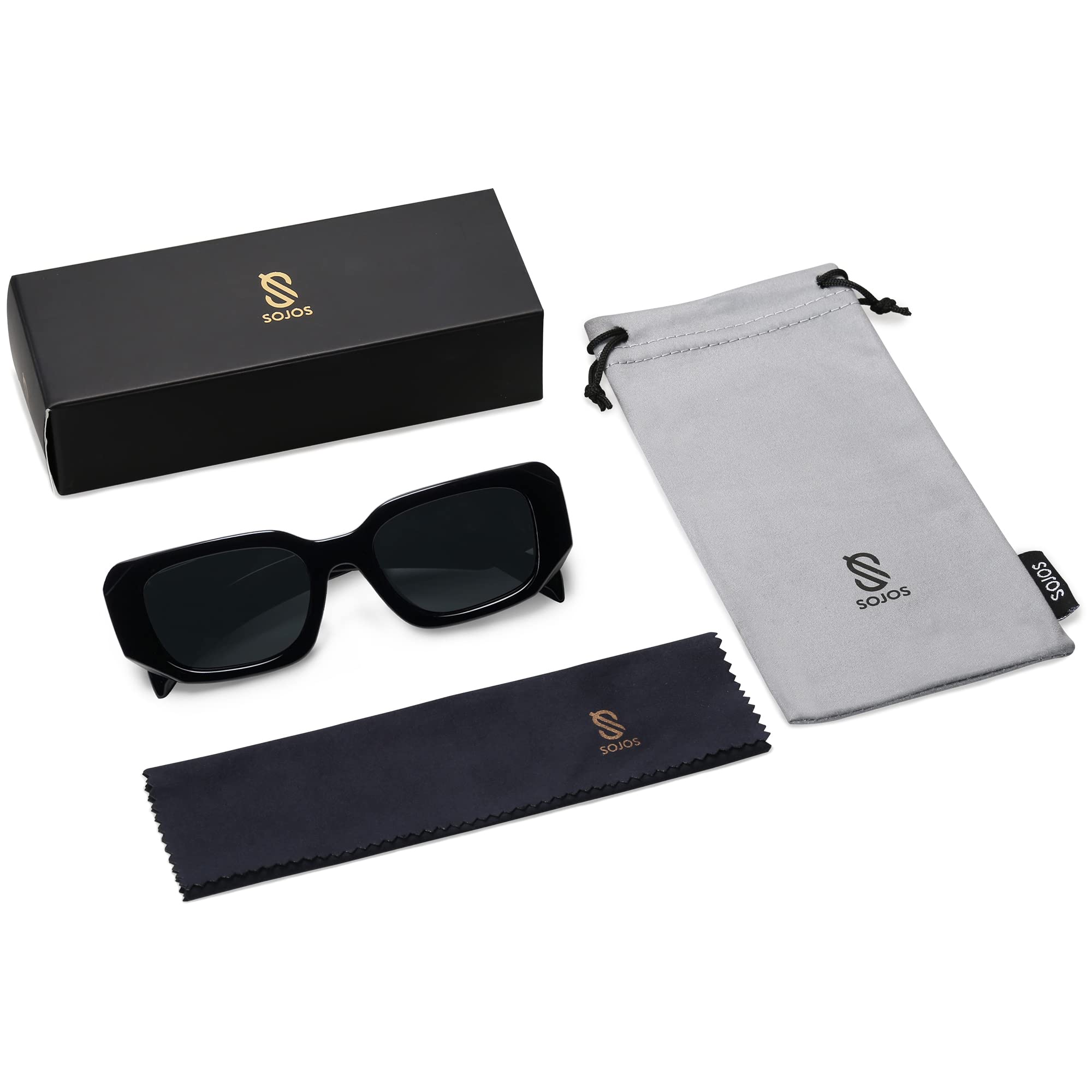 SOJOS Rectangle Sunglasses for Women Retro Fashion Sunglasses UV400 Protection Square Frame Eyewear SJ2204 with Black Frame/Grey Lens