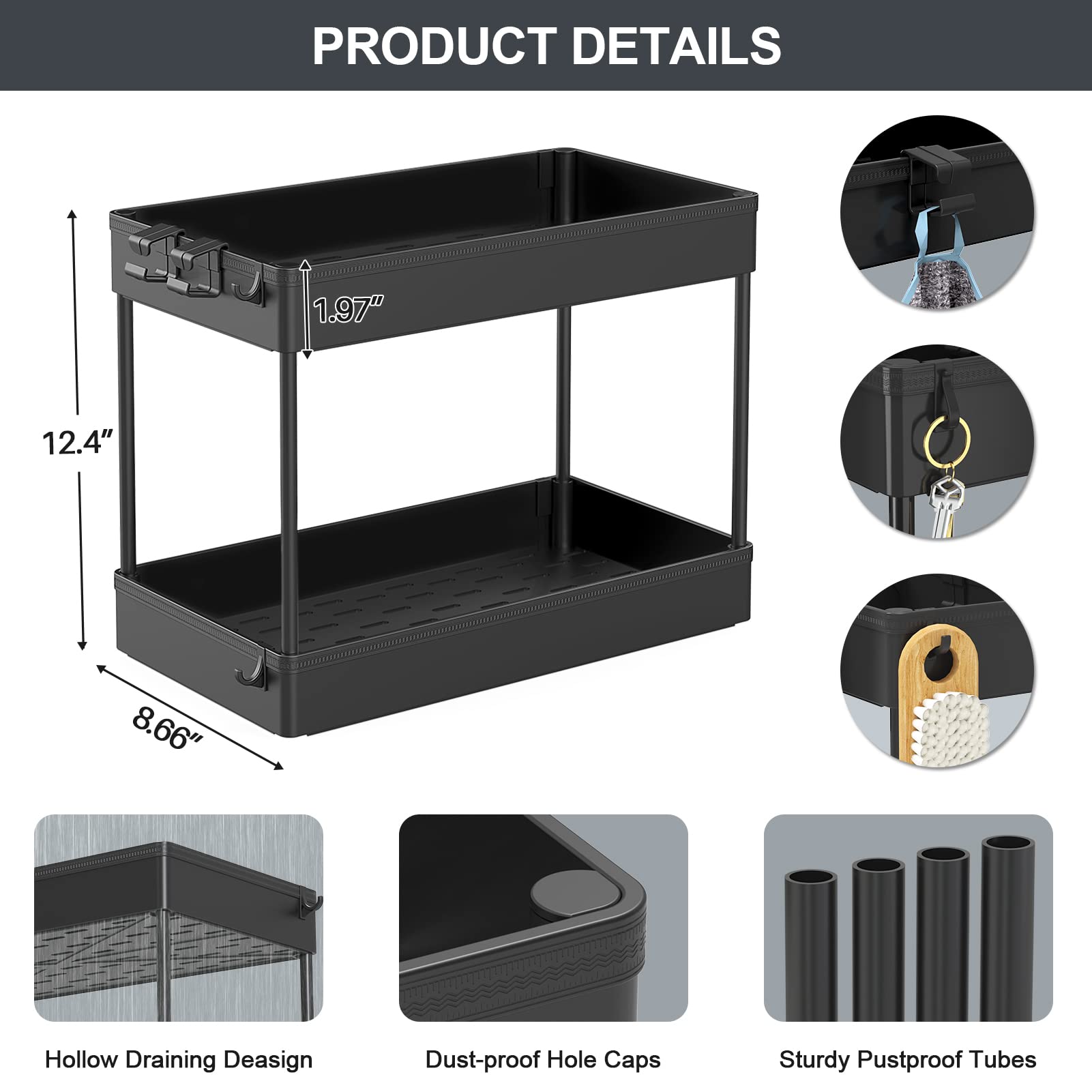 SPACEKEEPER Under Sink Organizer, 2 Tier Under Sink Storage Organizer, Bathroom Standing Rack, Bath Collection Baskets with Hooks, Multi-purpose Storage Shelf, Black, 2 Pack