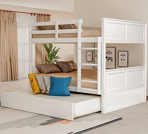 Merax Full Over Full Bunk Bed with Trundle,Wooden Trundle Bed Frame with Ladder Safety Guardrail,Convertible to 2 Platform Beds for Kids Teens,White