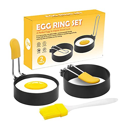 UPJAYEEK Non Stick Egg Rings for Frying Eggs and Omelet, Heightened Stainless Steel Fried Egg Shaping Maker Mold, for Pancake Breakfast Sandwiches, Egg Mcmuffin Ring - 2 Pack (Oil Brush Included)