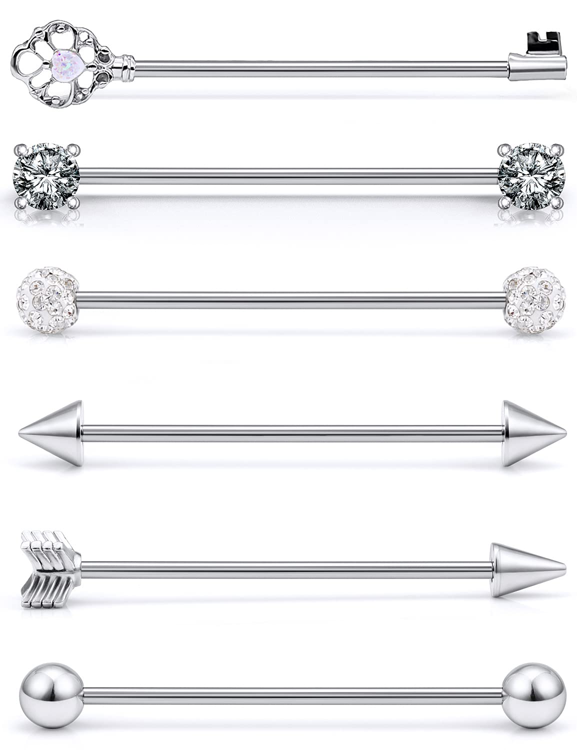 Vsnnsns 14G Industrial Piercing Jewelry Industrial Earrings Industrial Barbell Surgical Steel Cartilage Earrings Industrail Piercing 1 1/2"(36mm) Bar Length for Women Men 6PCS Silver