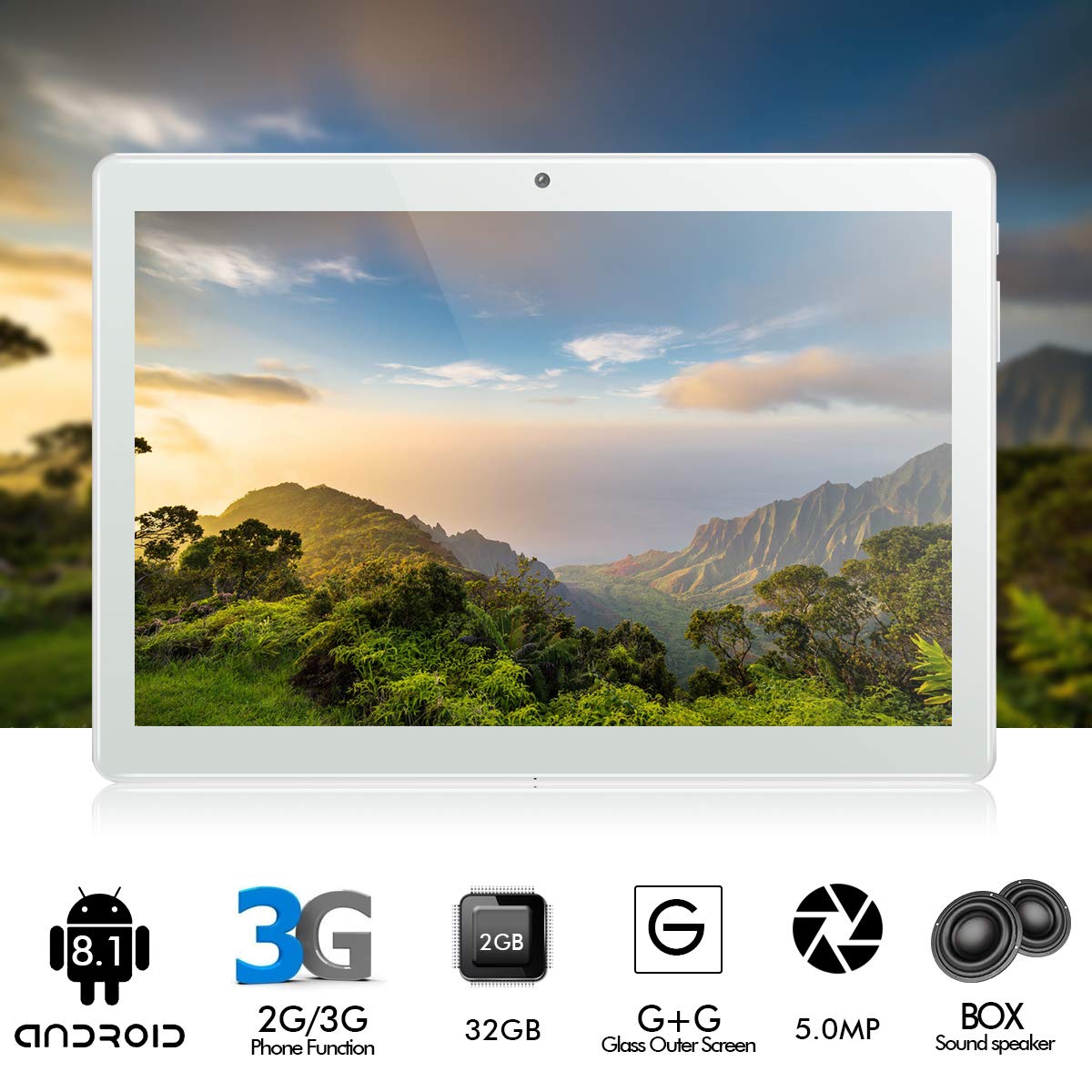 Padgene 10.1 Inch Google Android Tablet, Android 8.1 Phablet Tablet Quad Core Pad with Dual Camera, 2GB Ram+32GB Disk, WiFi, Bluetooth, 1280x800 HD IPS Screen, Google Play (32GB, Silver)