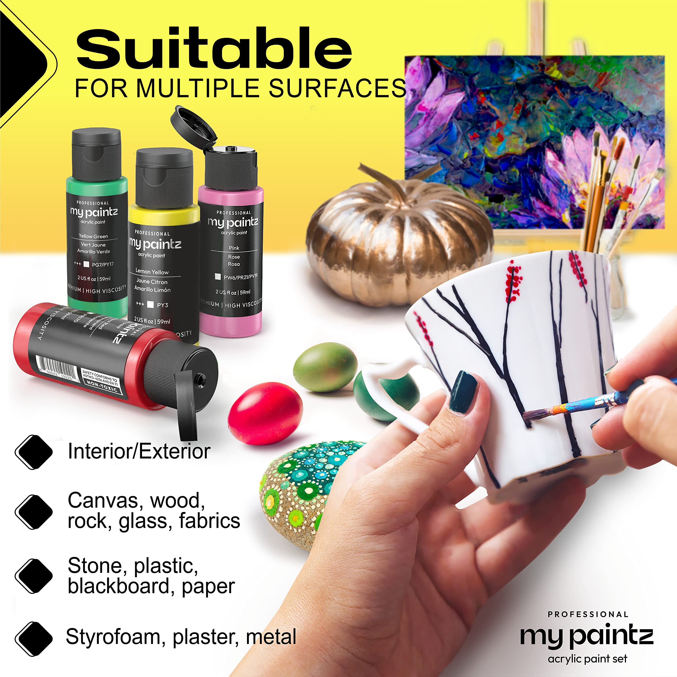 mypaintz Heavy Body Acrylic Paint Set - 24 Colors with 9 Brushes and Pallet - Professional Acrylic Paint Kit (2oz/59ml) - Art Paint - 2 Whites - Thick Paint