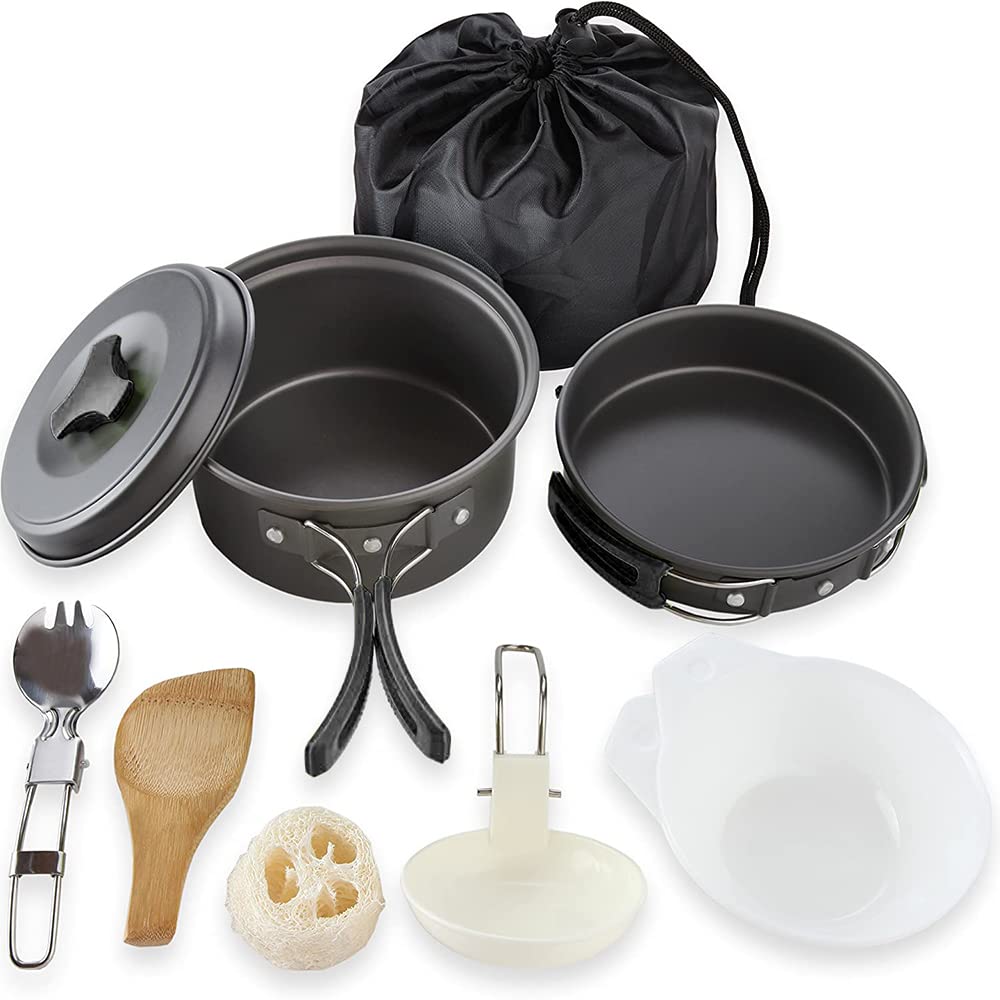 Tempsnow Camping Cookware Mess Kit for 2-3 Persons Aluminum Compact Camping Cooking Set Lightweight Backpacking Cook Set for Camping&Hiking(Black