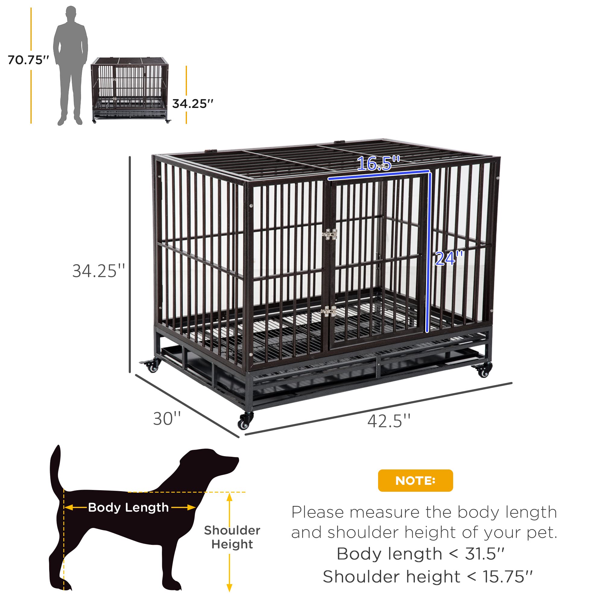 PawHut 42" Heavy Duty Dog Crate Metal Cage Kennel with Lockable Wheels, Double Door and Removable Tray, Brown