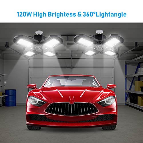 MUIZLUX 120W LED Garage Light 12000Lumens E26/E27 Deformable Garage Ceiling Light, With 4 Adjustable LED Panels 360°, CRI 80+, 6000K Nature Light, Fits for Garage, Basement, Barn, Warehouse