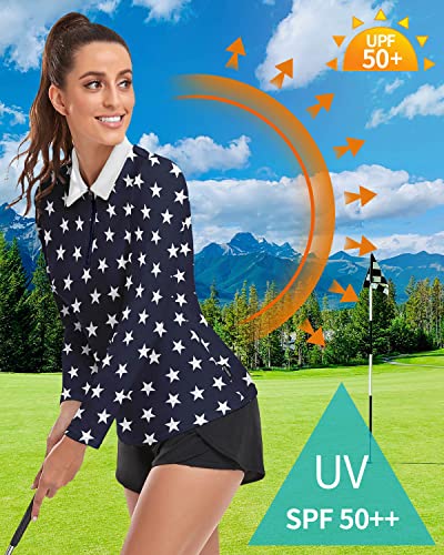 Soneven Womens Long Sleeve Golf Shirt Printed Polo Tennis Shirts Moisture Wicking Athletic Sport Golf Tops