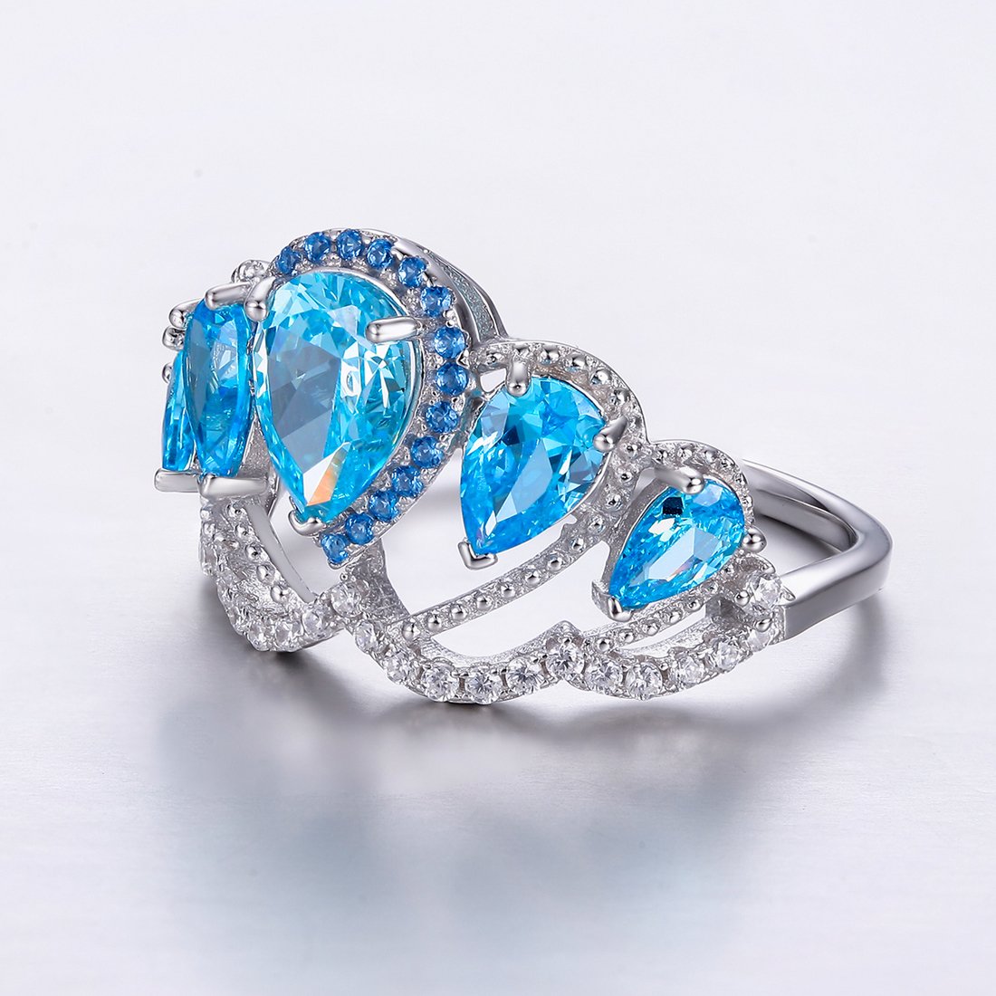 Merthus 6x8mm Pear Cut Simulated Blue Topaz 925 Sterling Silver Princess Tiara Crown Ring for Women Size 7