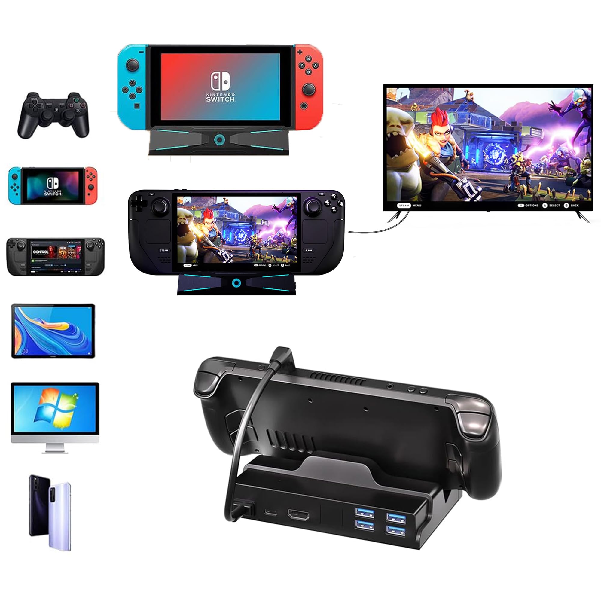 TV Docking Station Compatible for Switch Steam Deck 6-in-1 Hub Steam Deck Dock Switch Dock with 4 USB-A 3.0, HDMI, PD 3.0 Fast Charger USB-C, and Full Speed Charging USB-C Port Designed