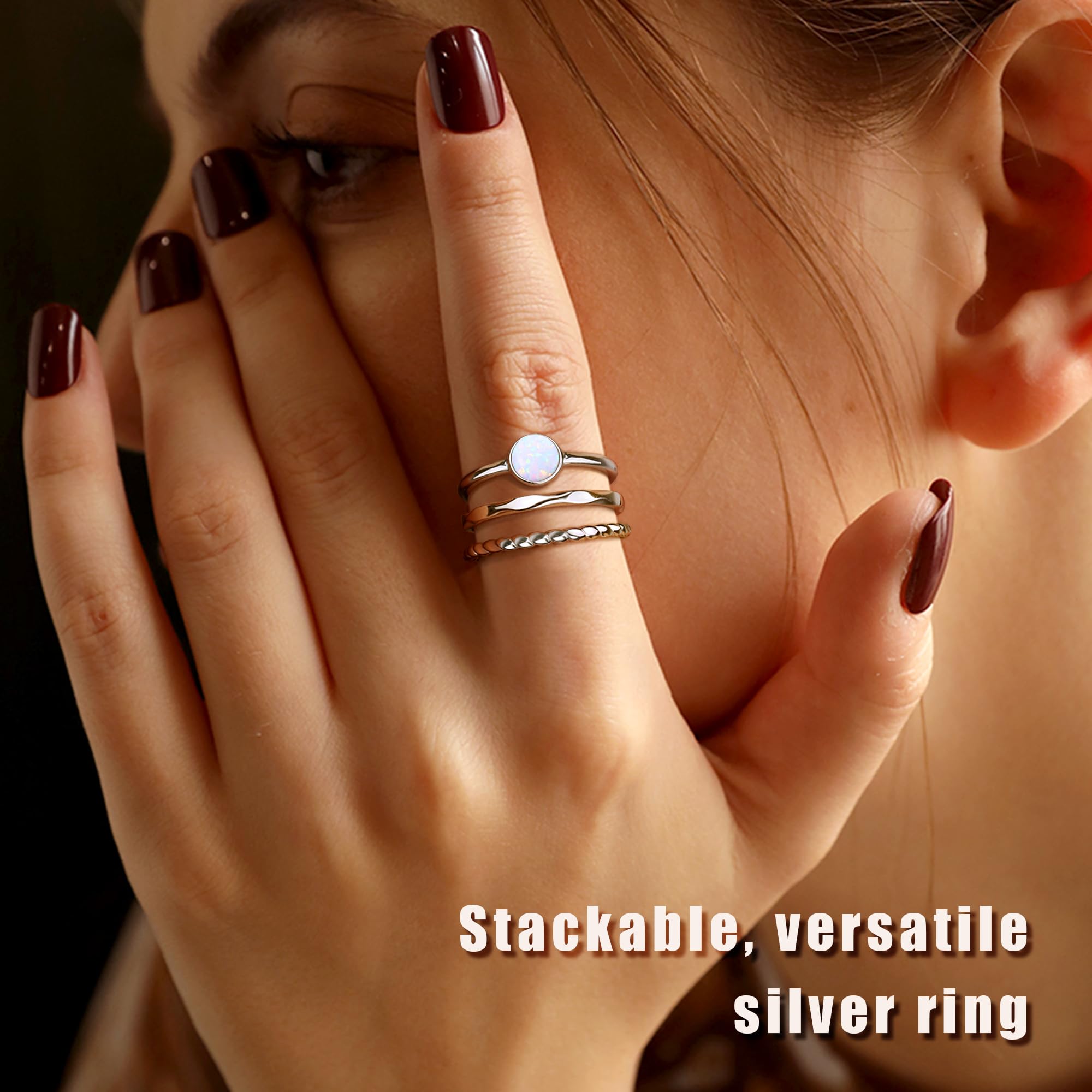 MILACOLATO S925 Sterling Silver Stackable Rings Set for Women Men 18K White Gold Plated Opal Hammered Twisted Thumb Rings High Polished Pinky Knuckle Finger Rings Wedding Band Rings Comfort Fit Size 8