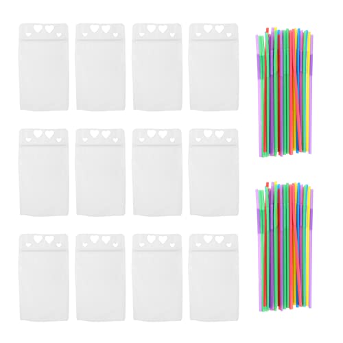 UPKOCH Clear Drink Pouches Bags Smoothie Bags Reclosable Zipper Heavy Duty Hand- held Translucent Stand- up Plastic Pouches Bags Drinking Bags Bottom Gusset with 100pcs Straws