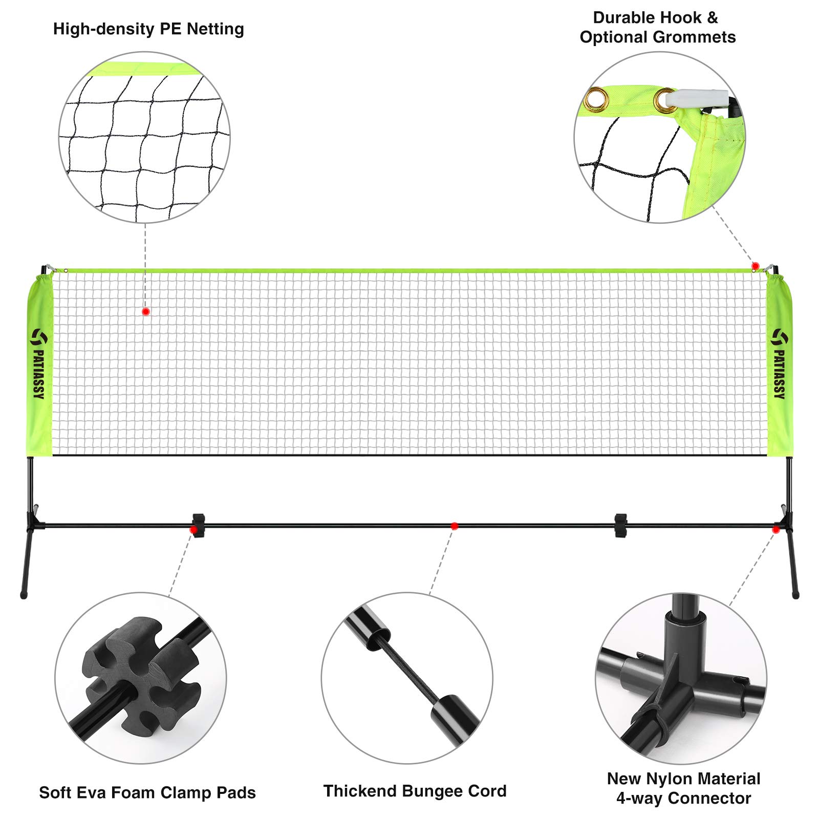 Patiassy 17ft Portable Volleyball Badminton Net Set - Indoor Outdoor Adjustable Height Net with Poles, 4 Shuttlecocks, 4 Pickleballs and 1 Volleyball for Backyards Beach