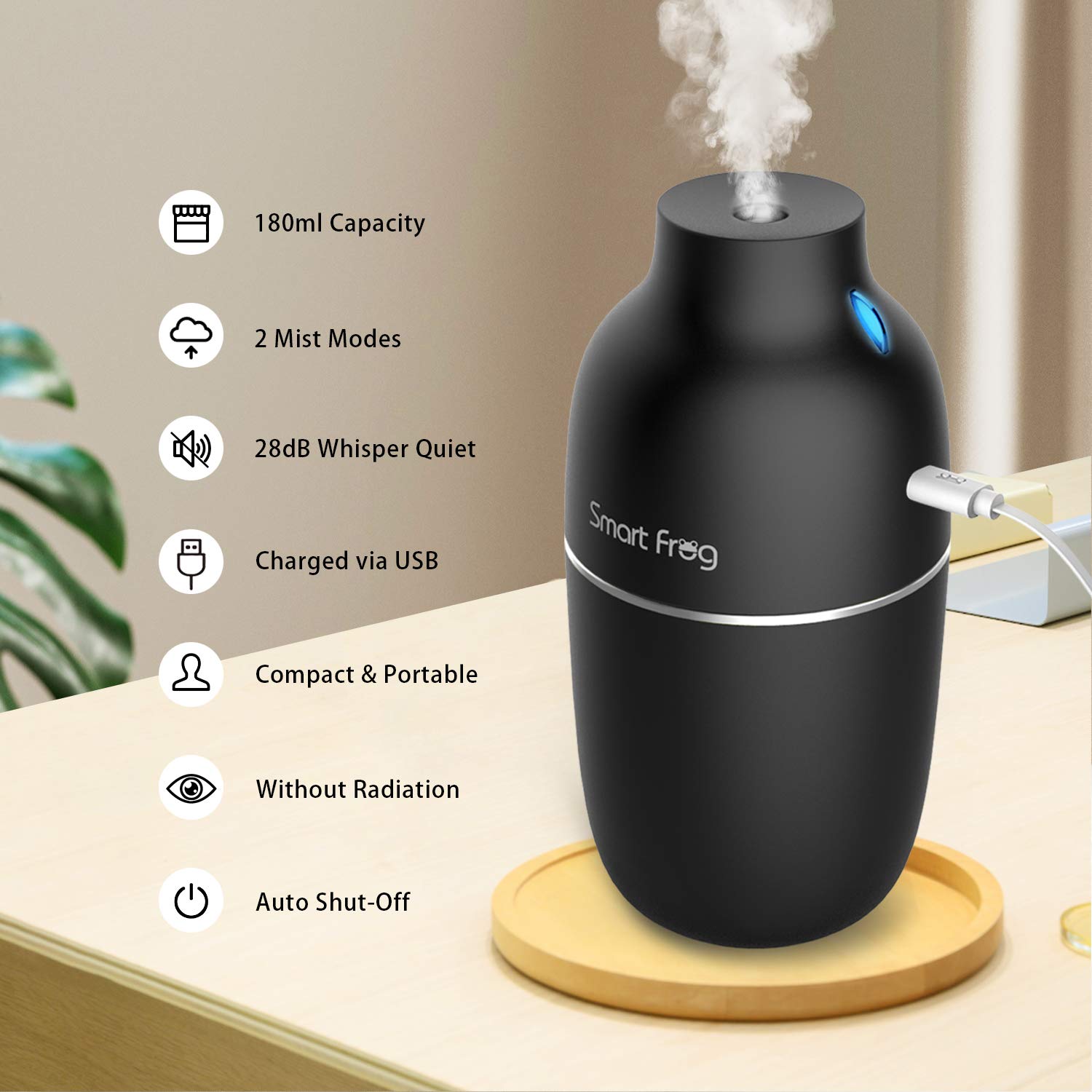 Mini Humidifier, Portable Quiet and Ultrasonic Cool Mist Humidifier with 2 Mist Modes, Auto Shut-Off, Filterless, Can be Used in Bedroom, Home, Office (Black, 180ML)