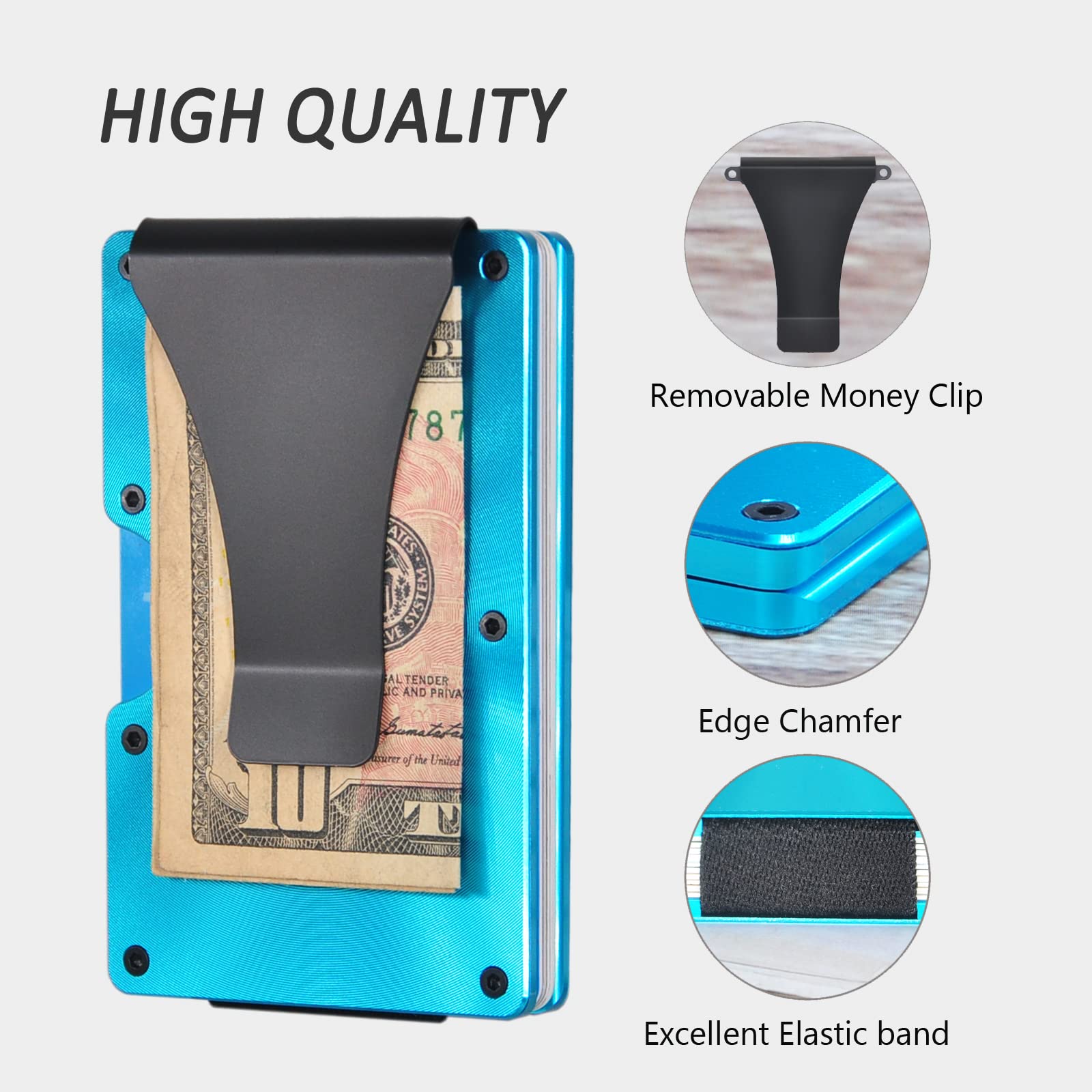 Metal Minimalist Wallets for men with Money Clip - Slim Wallet Credit Card Holder RFID Blocking, Aluminum(Cd Raised Grain, Blue)