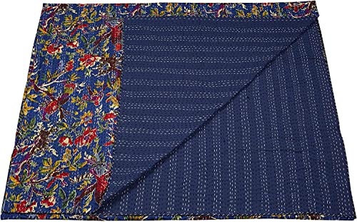 Marubhumi Indian Multicolor Cotton Bird Print Quilt Bedspread Handmade Blanket Kantha Throw Gudari (Color -Blue Twin Size 90X60 Inch)