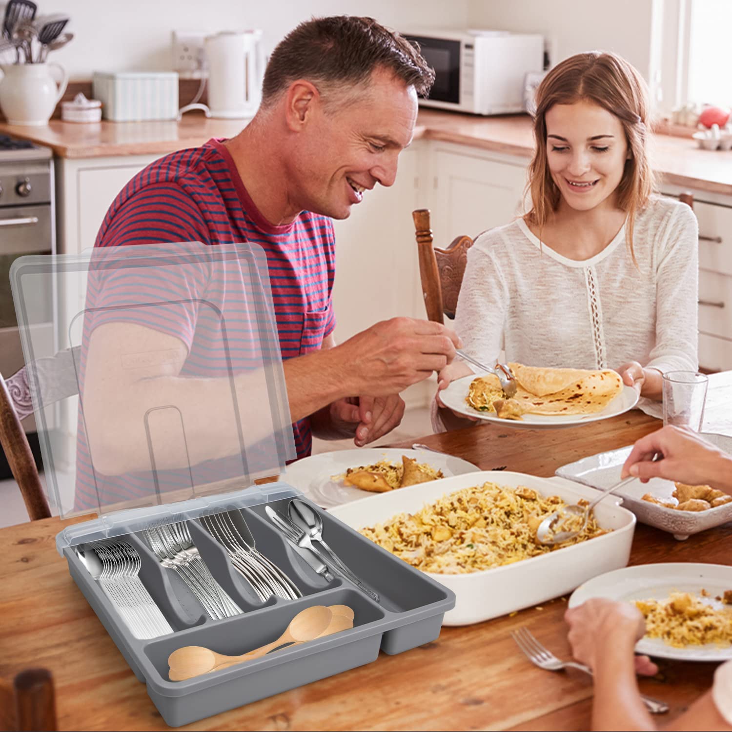 SUICGYU Silverware Organizer with Lid for Drawer, Plastic Utensil Holder for Countertop, Flatware Organizer Cutlery Tray with Cover 5 Compartments (Gray)