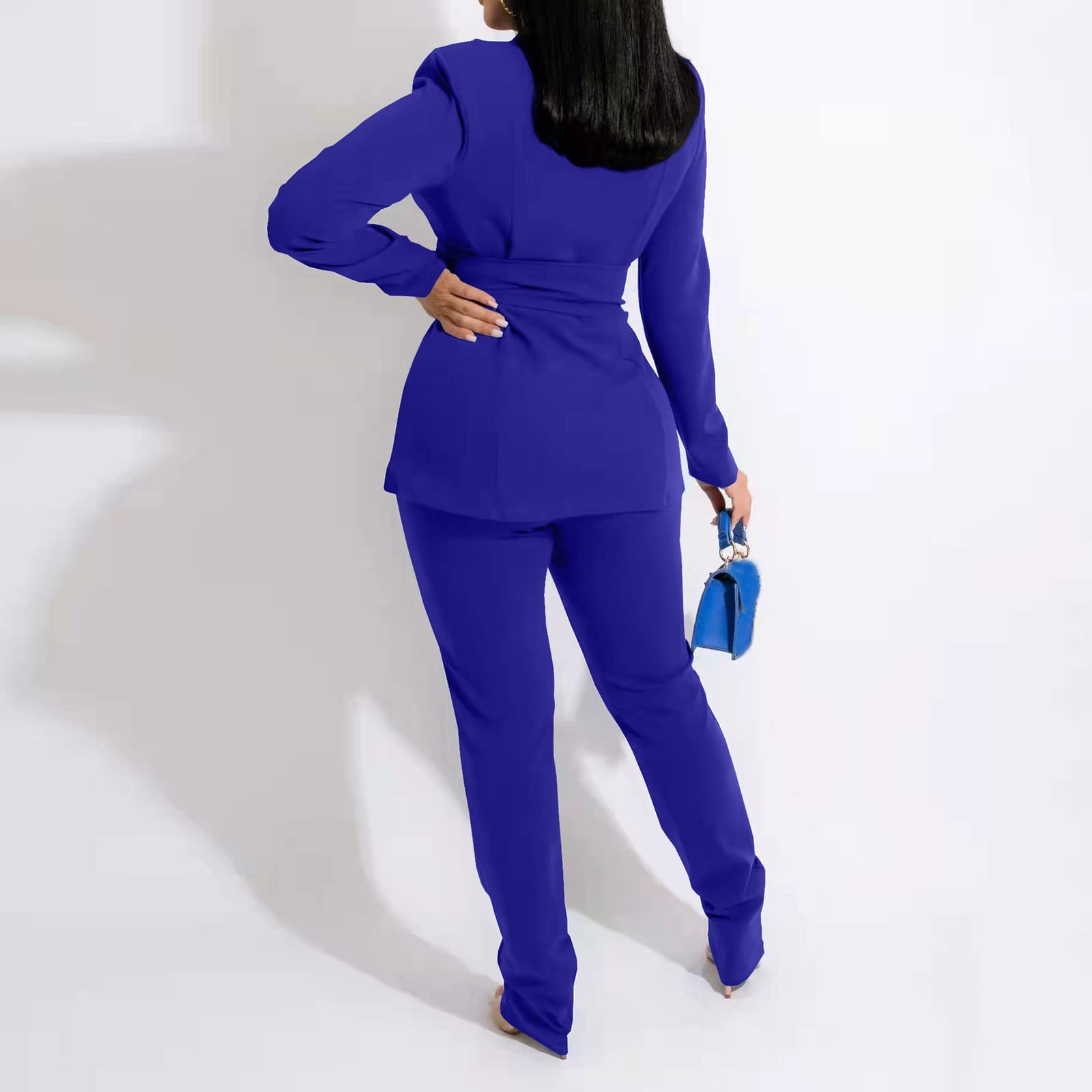Two Piece Pant Women's Two Piece Lapels Suit Set Office Business Long Sleeve Formal Jacket Pant Suit Slim Two Tone Suit Blue