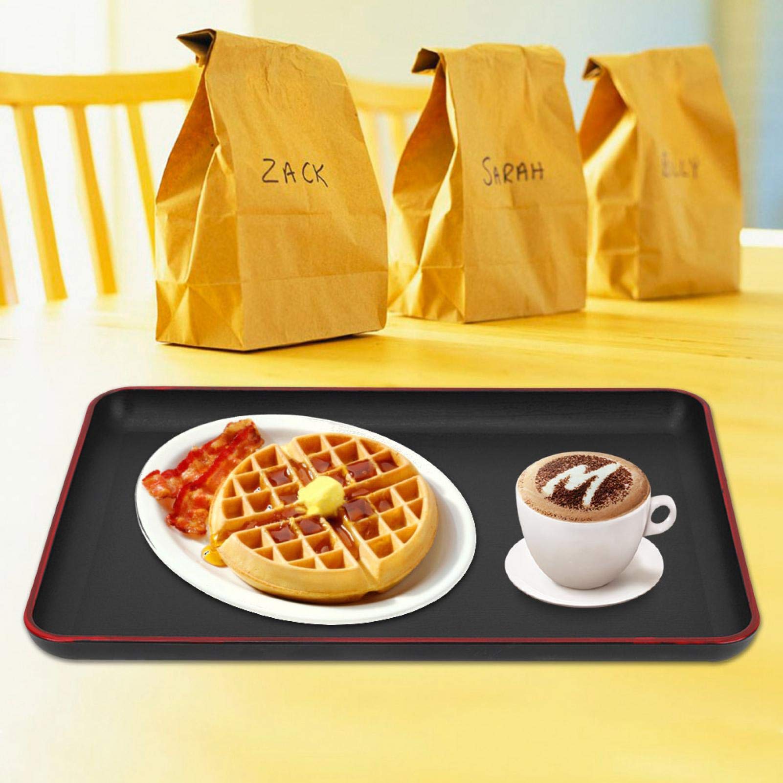 Rectangle Serving Tray,Tea Serving Tray, Bent Ply Tray,Fast Food Cafeteria Tray,Non-Slip Multi-Purpose Plastic Cafeteria Tray for Coffee Table, Kitchen, Parties,Black&Red (11.8 * 7.9 in)