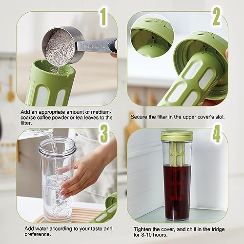 Portable Cold Brew Coffee Maker - 1L Cold Brew Water Bottle with Fruit Infuser for Making Iced Fruit Tea and Coffee - Perfect for Outdoor Exercise Travel and Gym (Green)