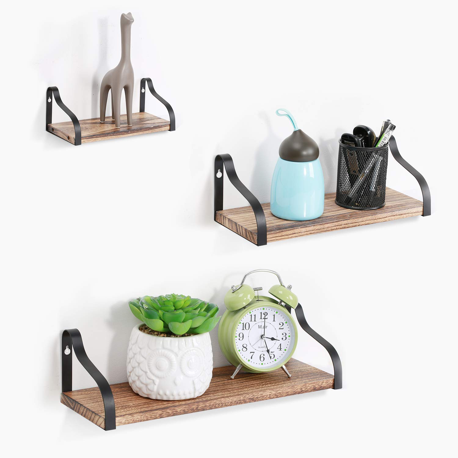 NEX Wall-Mounted Floating Shelves, Set of 3 Rustic Wood Wall Shelves for Living Room, Bedroom, Bathroom