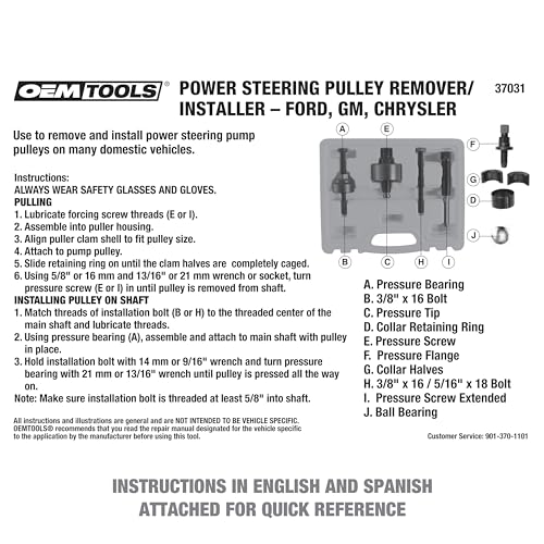 OEMTOOLS 37031 Power Steering Pulley Puller and Installer Kit, Removes and Installs Power Steering Pump Pulleys on Most Domestic Vehicles, Ford, GM, VW , green