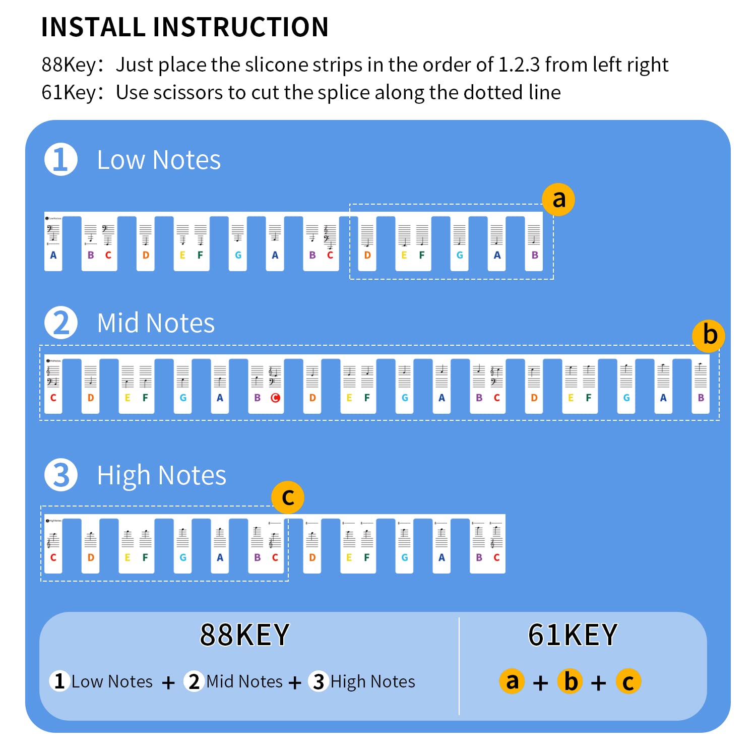 Removable Piano Keyboard Note Labels,Piano Keyboard Stickers,88-Key 61-Key Full Size,Made of Silicone,Suitable for Keyboard Piano for Beginners Kids