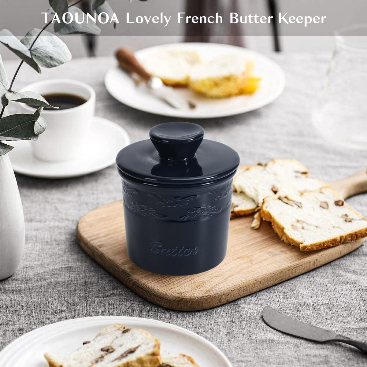 TAOUNOA Butter Dish with Lid - Butter Crock for Counter with Water Ceramic French Butter Keeper with Stainless Steel Knife Covered Butter Holder for Kitchen, Navy