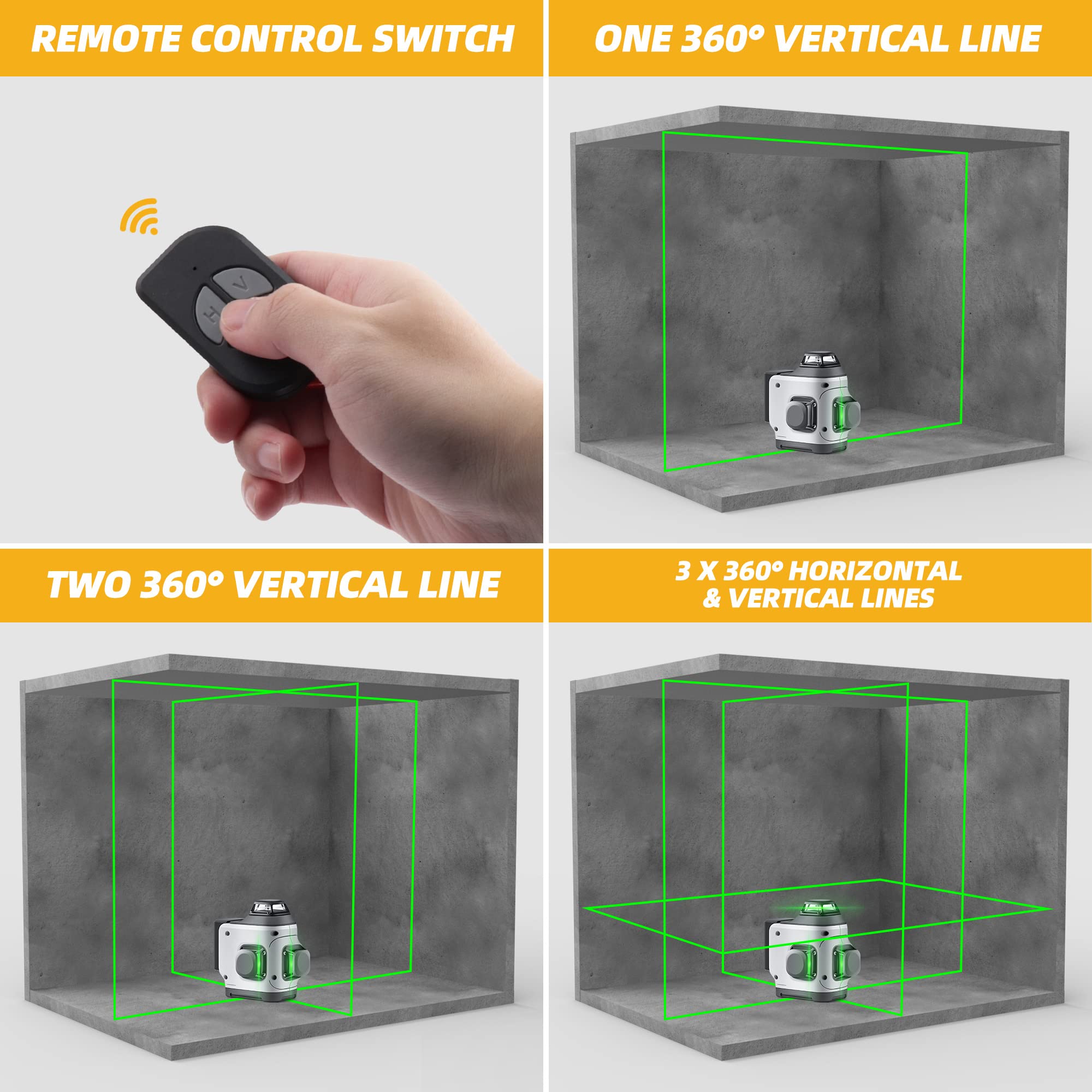 URASISTO 3D Cross Line Self-leveling Laser Level, 3 x 360 Horizontal/Vertical Green Beam Three-Plane Leveling and Alignment Laser Tool, Li-ion Rechargeable Battery, Remote Control&Portable Carry Bag