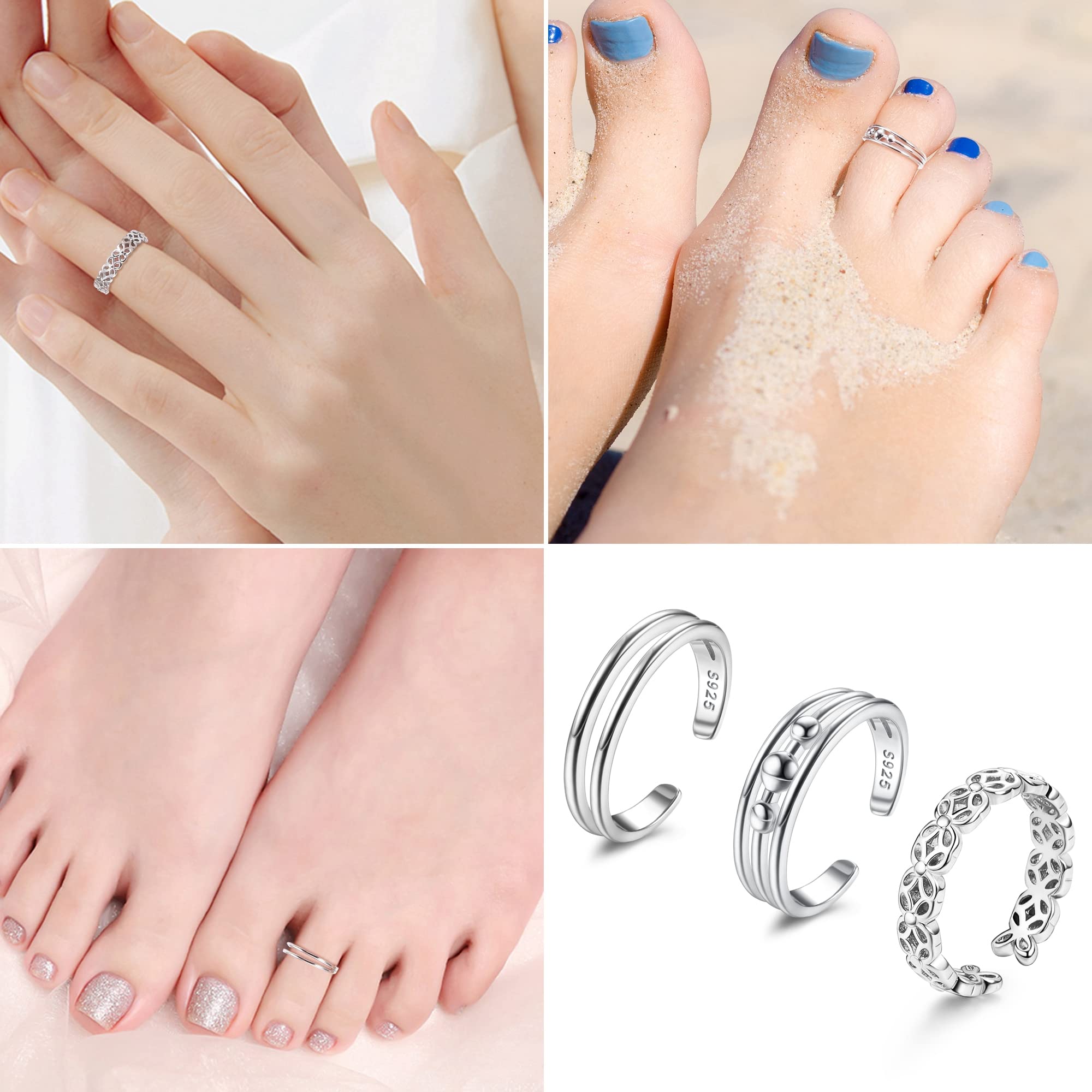 Sllaiss 925 Sterling Silver Toe Rings For Women Summer Beach Moon Star Flower Adjustable Open Toe Rings Stackable Vintage Knuckle Rings(Set 1)