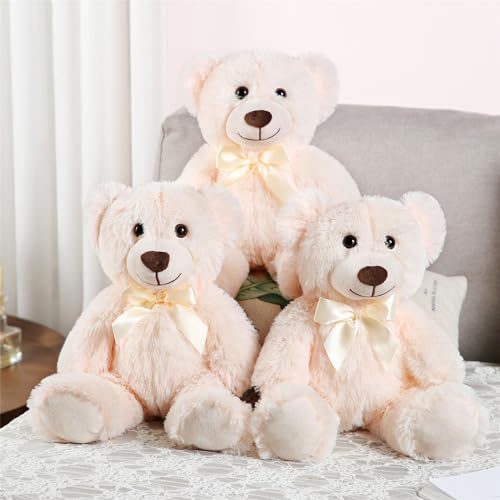 UHousDeco 3 Packs Beige Cute Teddy Bear Plush Stuffed Animals Wearing a Bow Baby Shower for Kid Gift