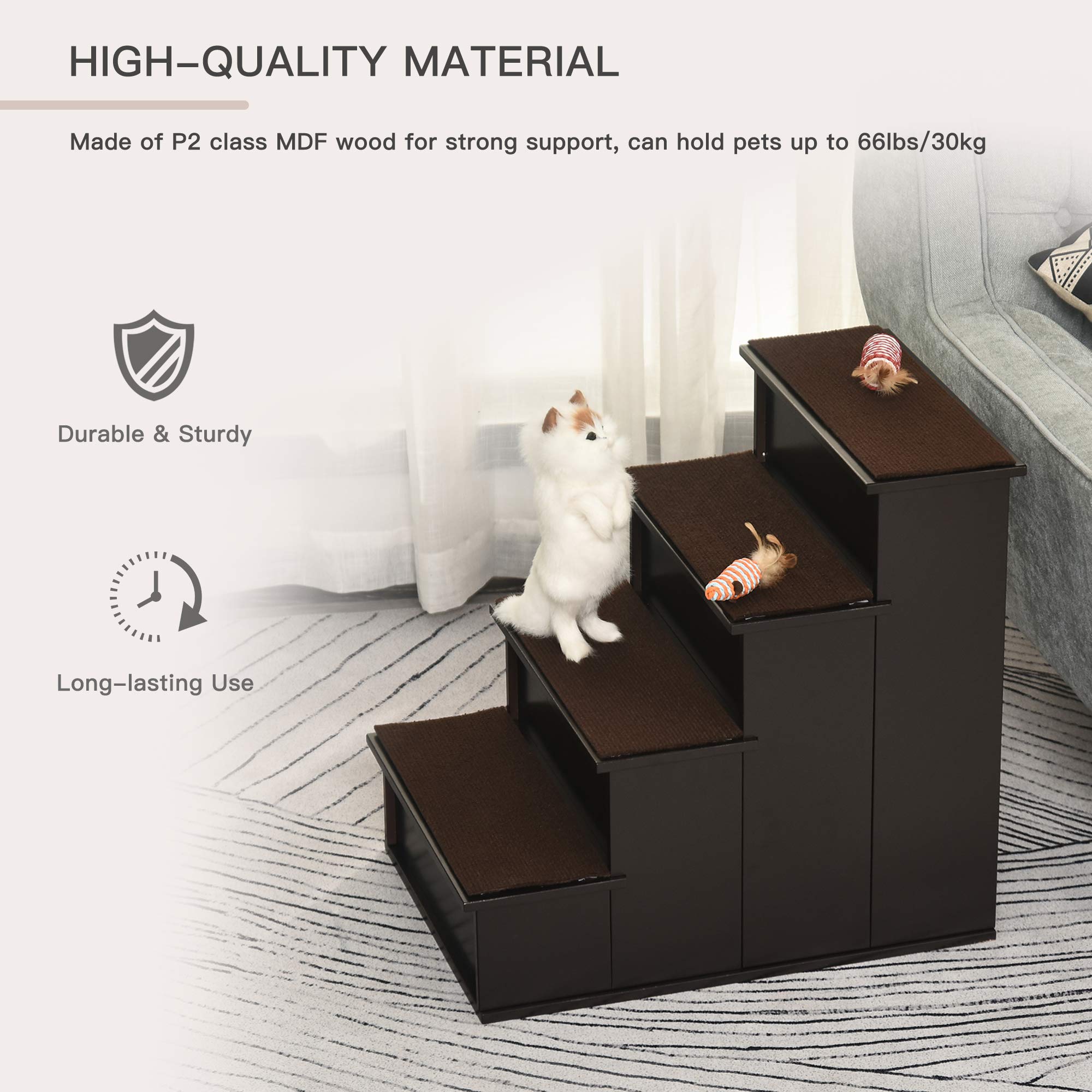 PawHut Pet Stairs, Small Pet Steps with Cushioned Removable Covering for Dogs and Cats Up to 22 Lbs., Brown
