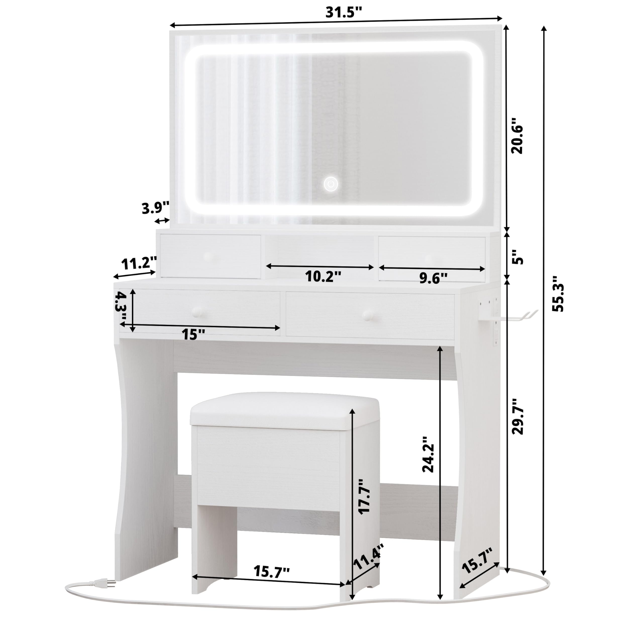 LIKIMIO Vanity Desk with LED Lighted Mirror & Power Outlet & 4 Drawers, Makeup Table Set with Storage Stool and Hair Dryer Stand, White