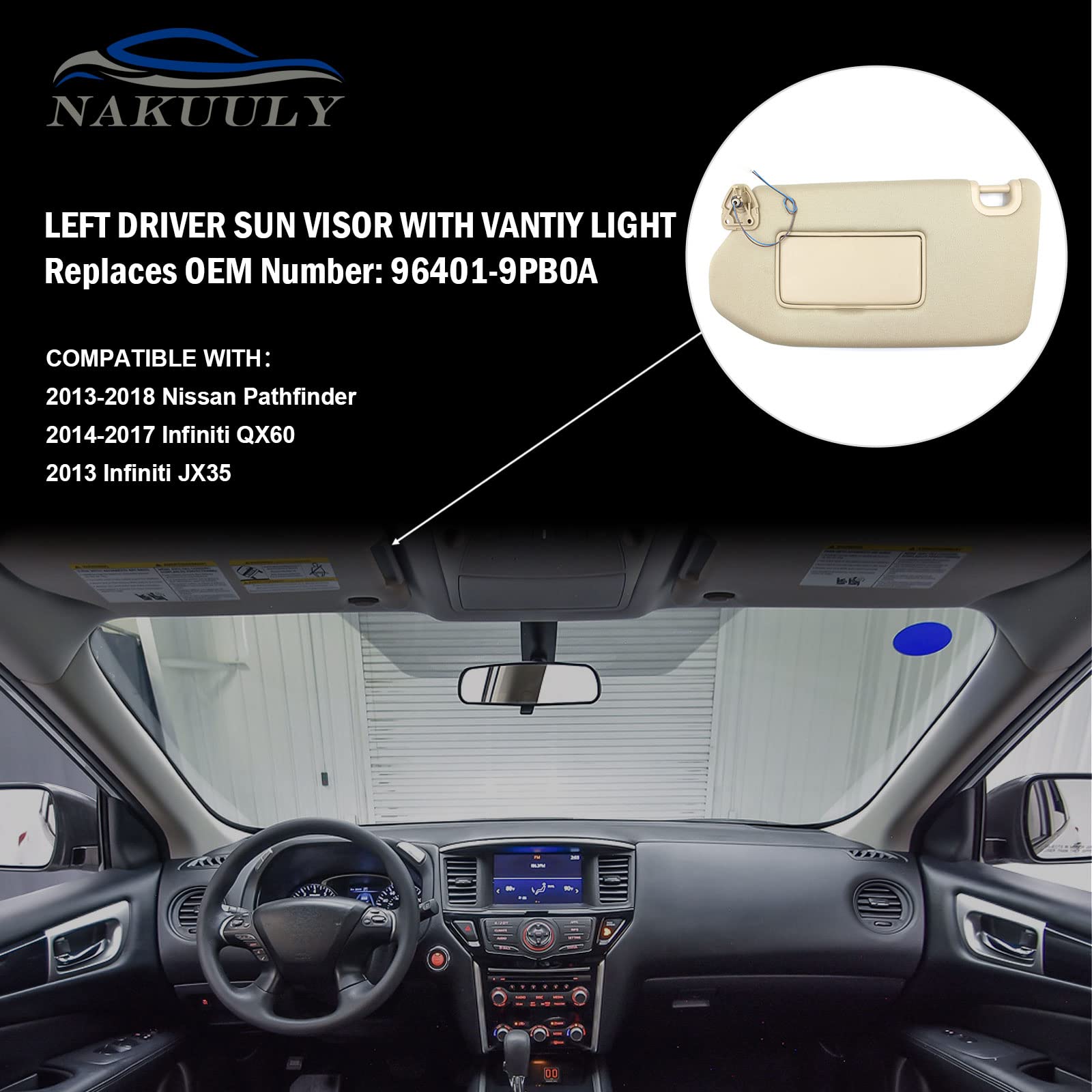 Nakuuly Left Driver Side Sun Visor Beige with Light Compatible with Nissan Pathfinder 2013-2018, Infiniti QX60 2014-2017, Infiniti JX35 2013