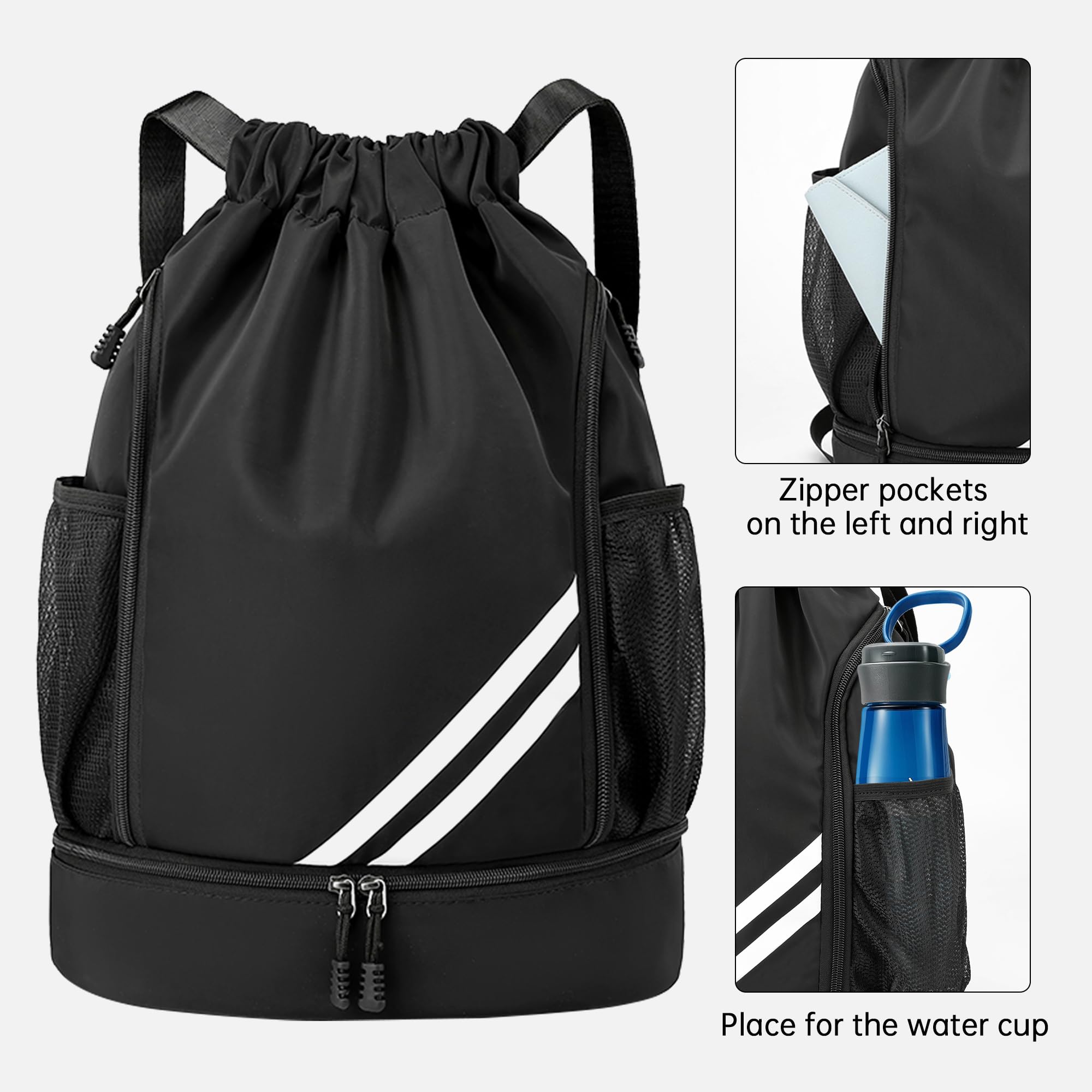 neyrat Water Resistant Sport Drawstring Backpack Gym Draw String Back Bag with Shoes Compartment for Men Women Children (Black-1)
