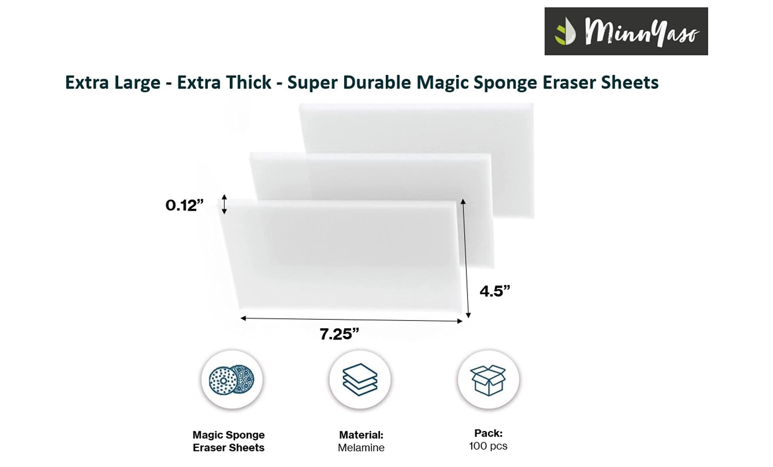 MinnYaso 100 Pack Extra Large - Extra Thick - Super Durable Magic Sponge Eraser Sheets 7.25" x 4.5" x 0.12" | All Purpose Household Cleaner Pads for Kitchen, Bathroom, Floors, Walls, Sink, Toilet