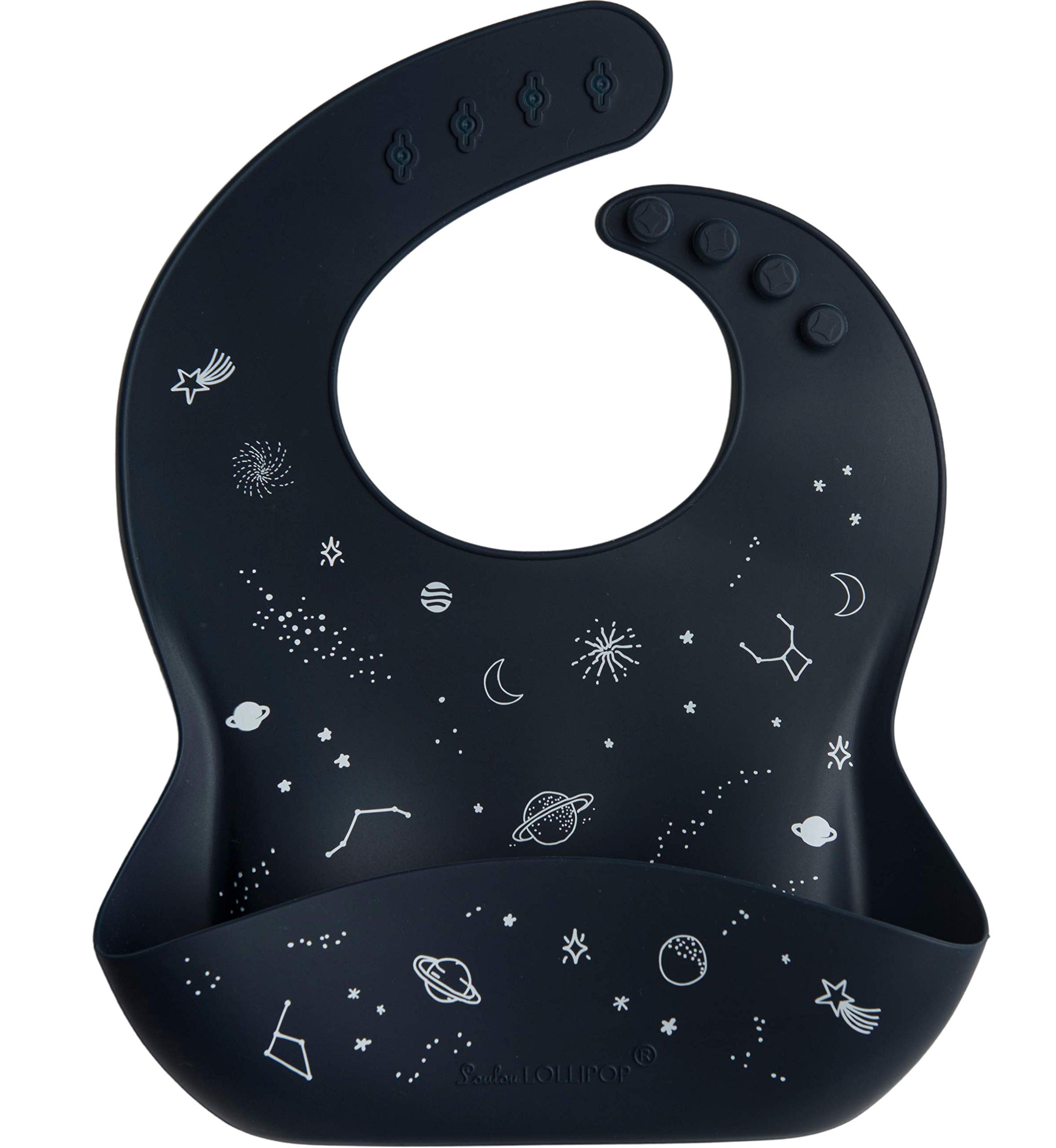 Loulou Lollipop Soft, Waterproof Silicone Feeding Bib for Babies and Toddlers 3 to 36 Months, Easy to Clean, Adjustable Fit and Catch-All Pouch - Space