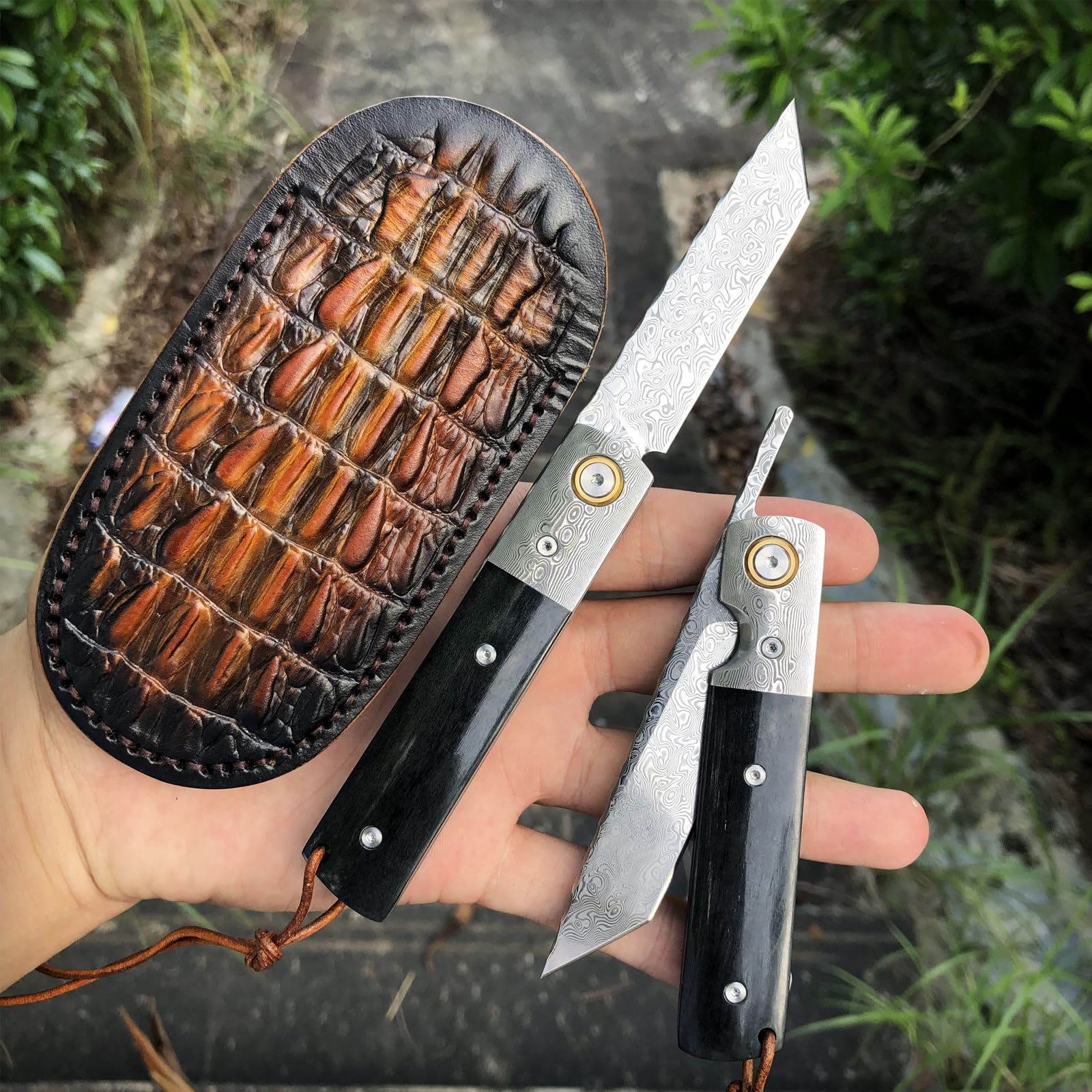 MINOWE Japanese Damascus steel steel pocket knife，Handmade 3-inch high hardness sharp blade，With Leather Sheath ，Ceramic steel ball bearings+Frame Lock ，Cowbone handle，for home and outdoor Folding Pocket Knife