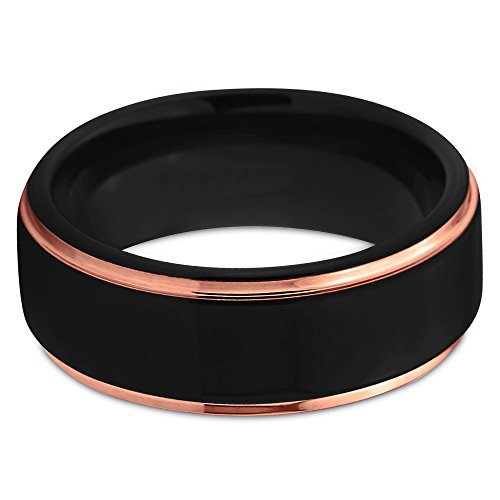 Midnight Rose Collection Tungsten Wedding Band Ring 8mm for Men Women 18k Rose Gold Plated Step Edge Black Brushed Polished Size 9