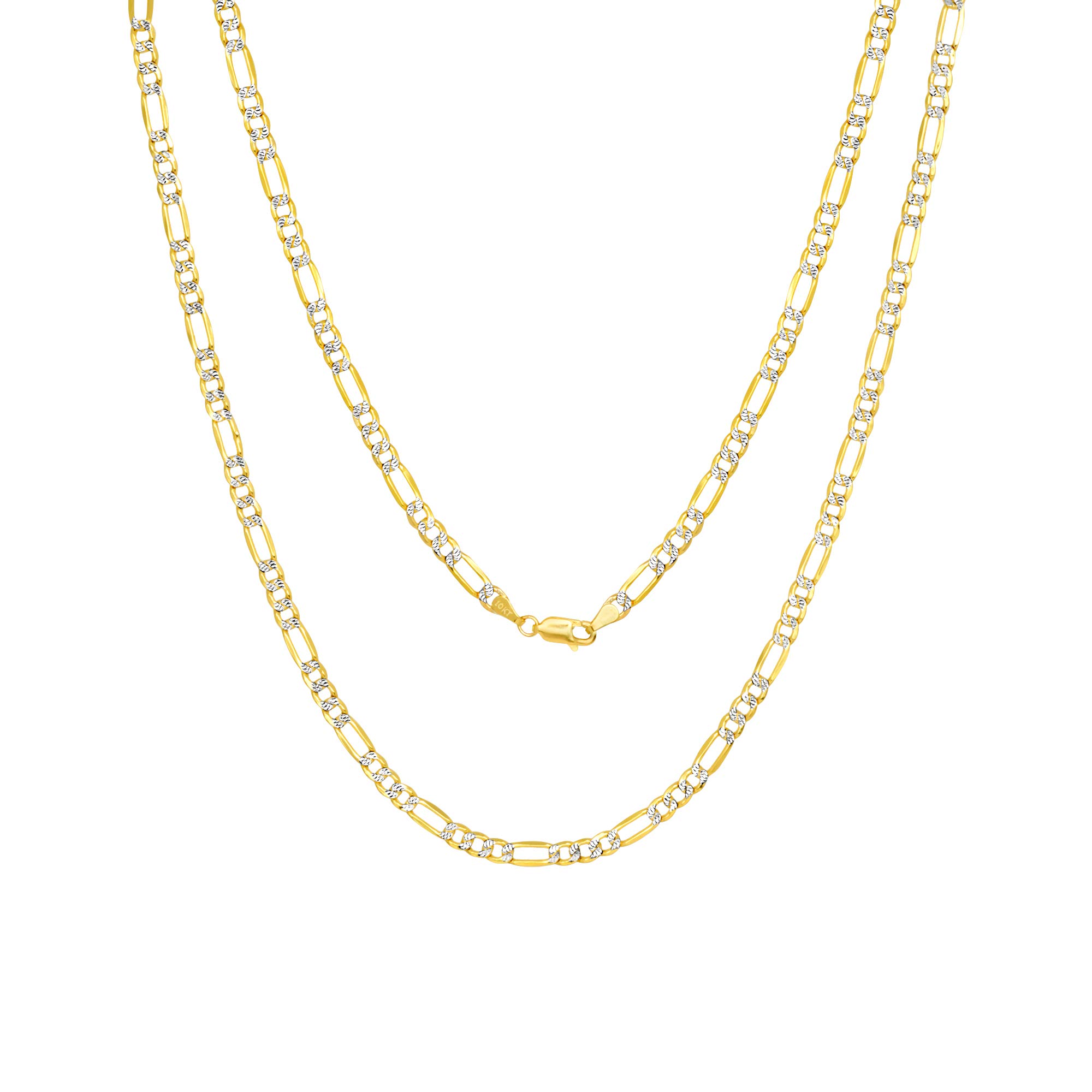 Nuragold 10k Yellow Gold Solid 5mm Figaro Chain Link Diamond Cut Pave Two Tone Bracelet, Mens Womens Jewelry 7" 7.5" 8" 8.5" 9"