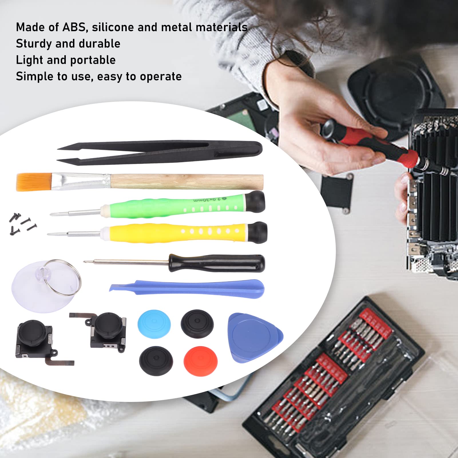 Repair Kit for Nintendo Switch, Analog Joystick, Keycap, Screwdriver, Tweezers, Cleaning Brush, Suction Cup,Portable Handle Repair Tool Set for Switch Lite