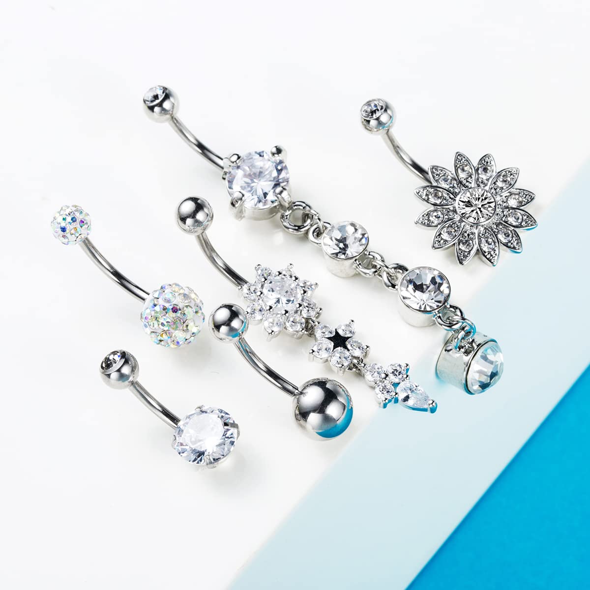 NASAMA 6PCS 14G Stainless Steel Dangle Belly Button Rings for Women Belly Piercing CZ Inlaid (Style 6pcs)