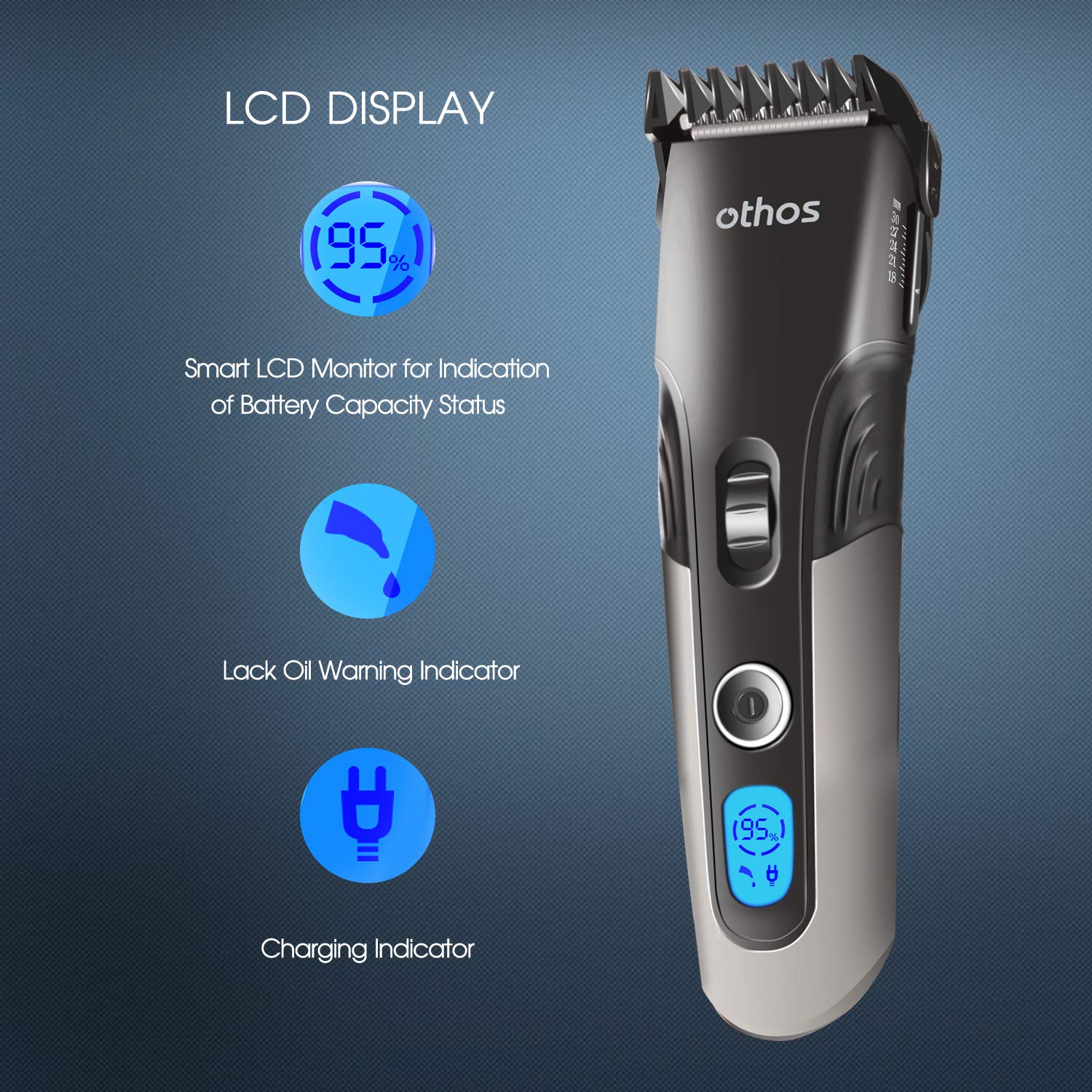 Othos Electric Cordless Hair Clippers Haircut Machine Hair Cutting Tools Hair Trimmer Razor Kit for Men lithium battery operated chargeable guide comb with different length LCD display stand base