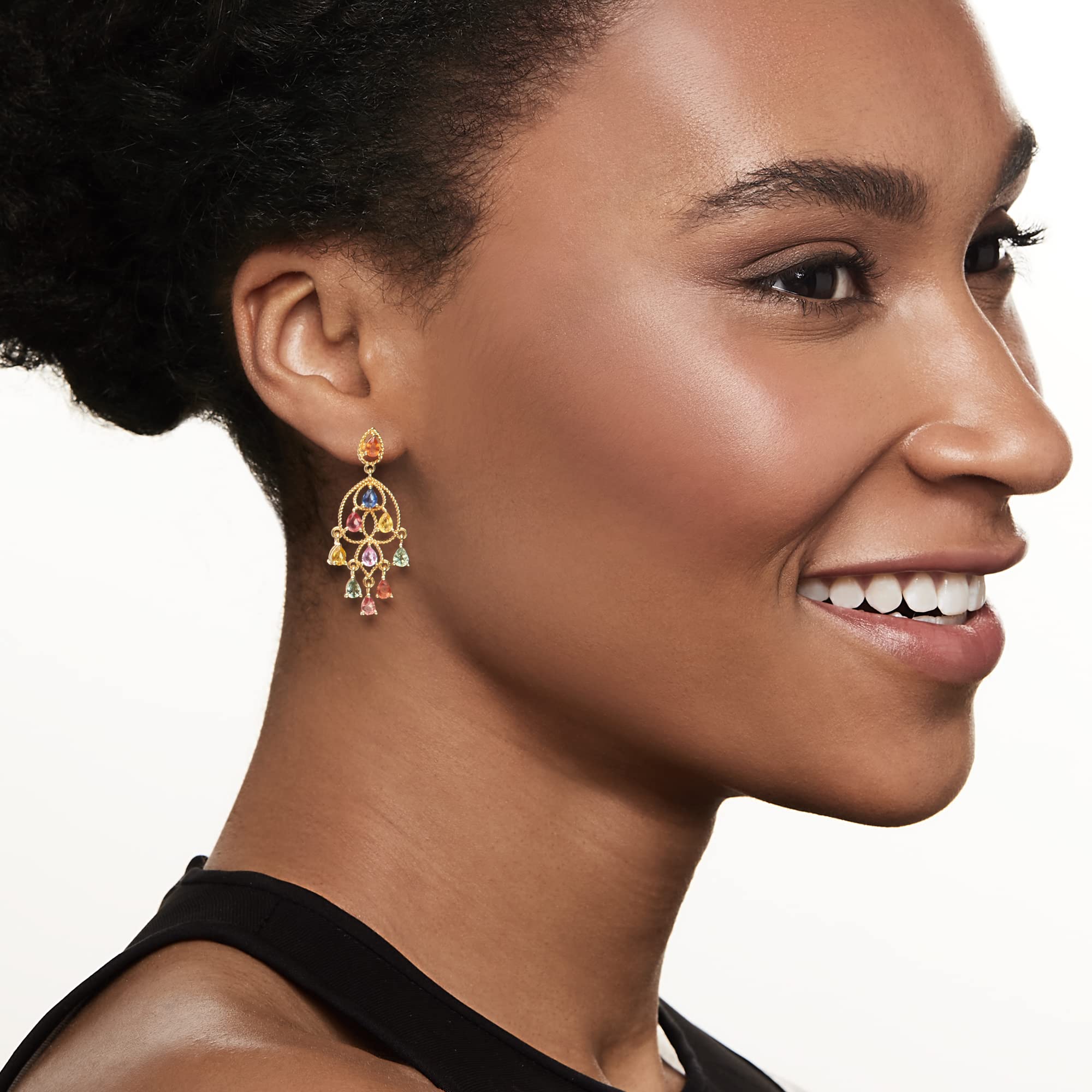 Ross-Simons 4.60 ct. t.w. Multicolored Sapphire Chandelier Drop Earrings in 18kt Gold Over Sterling