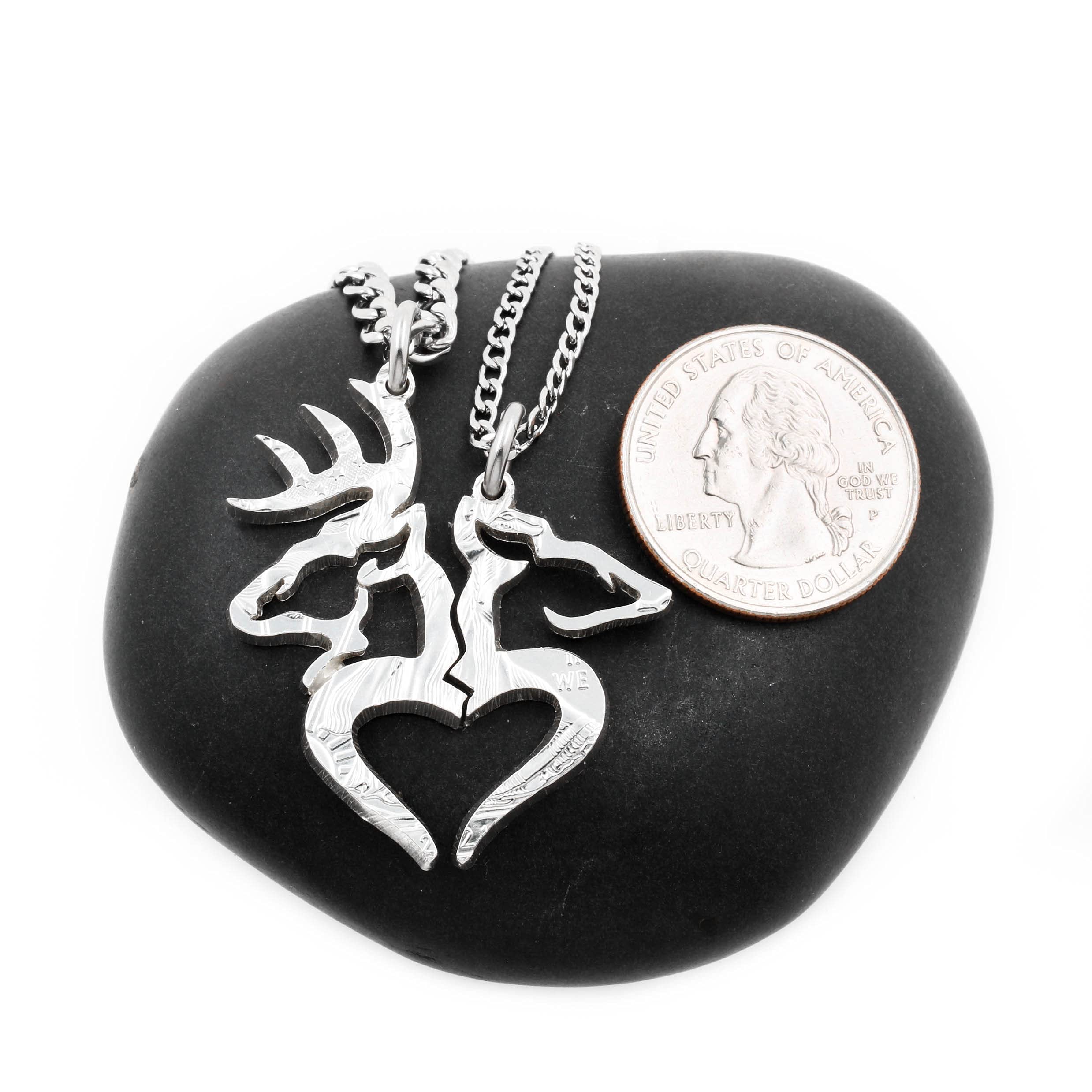 NameCoins Buck and Doe Heart Couples Necklaces, Hunting Jewelry, Split Heart, Hand Cut Coin (Half Dollar)