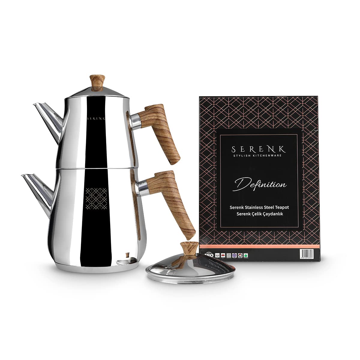 Serenk Stainless Steel Turkish Teapot Set, Stovetop Tea Maker with Induction Base, Non Slip Bakelite Handles, Dishwasher Safe, 2 Lids, 3 qt, 101 oz Black (Black)